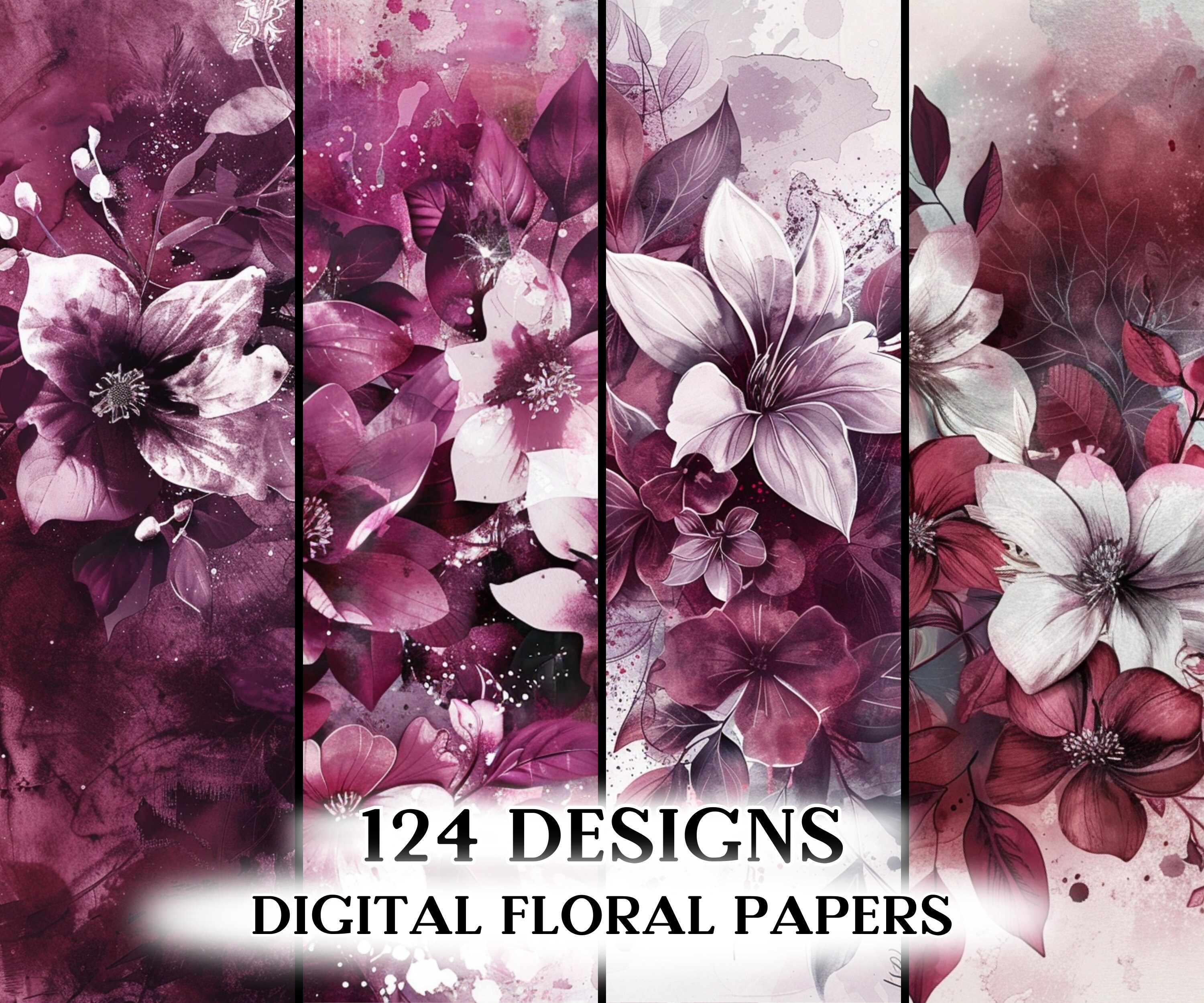 Big Bundle Burgundy Floral Digital Paper, Abstract Burgundy Watercolor ...