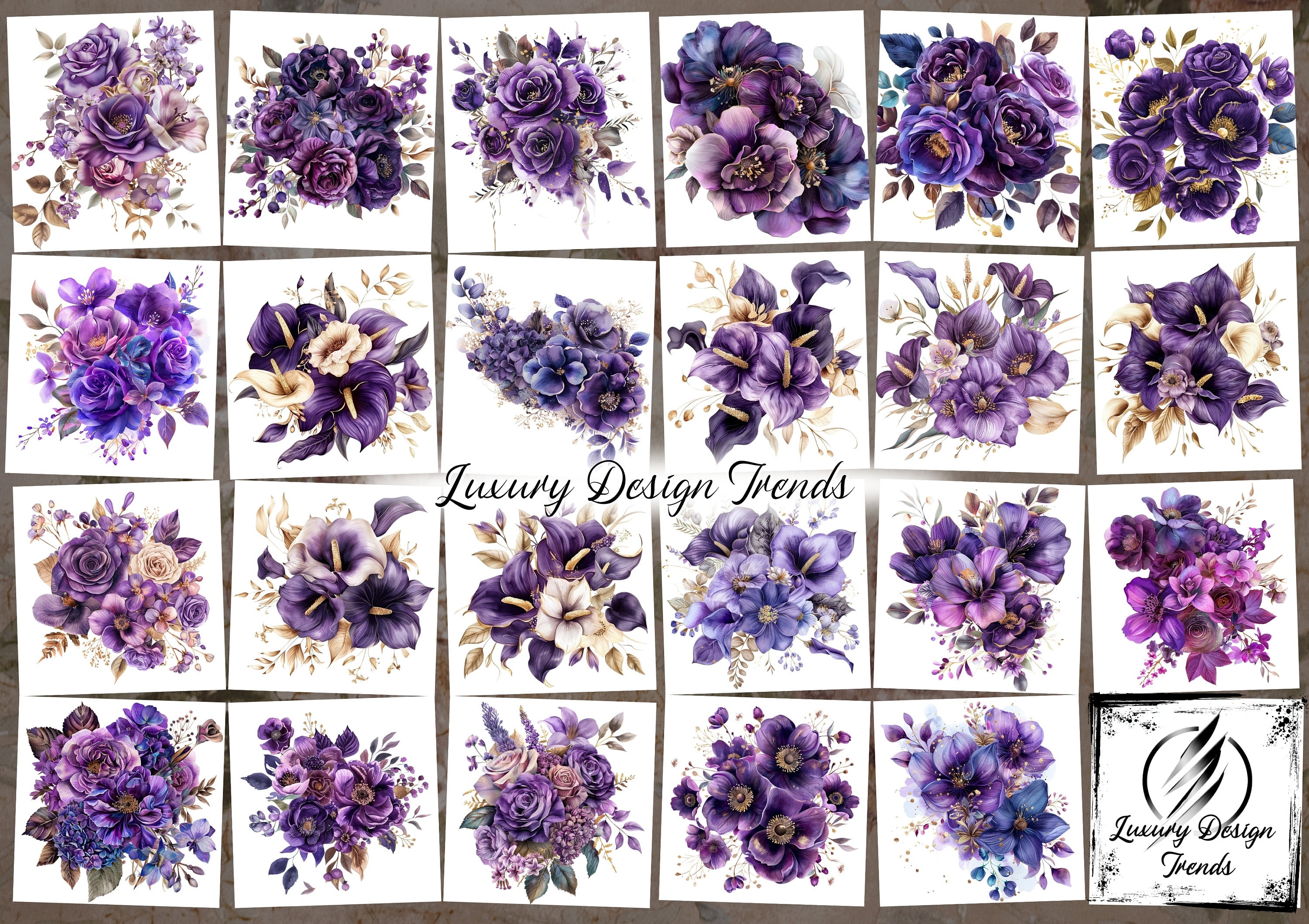 Violet & Gold Floral Clipart Floral Watercolor Clipart Purple Wedding ...