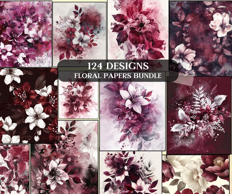 Big Bundle Burgundy Floral Digital Paper, Abstract Burgundy Watercolor ...