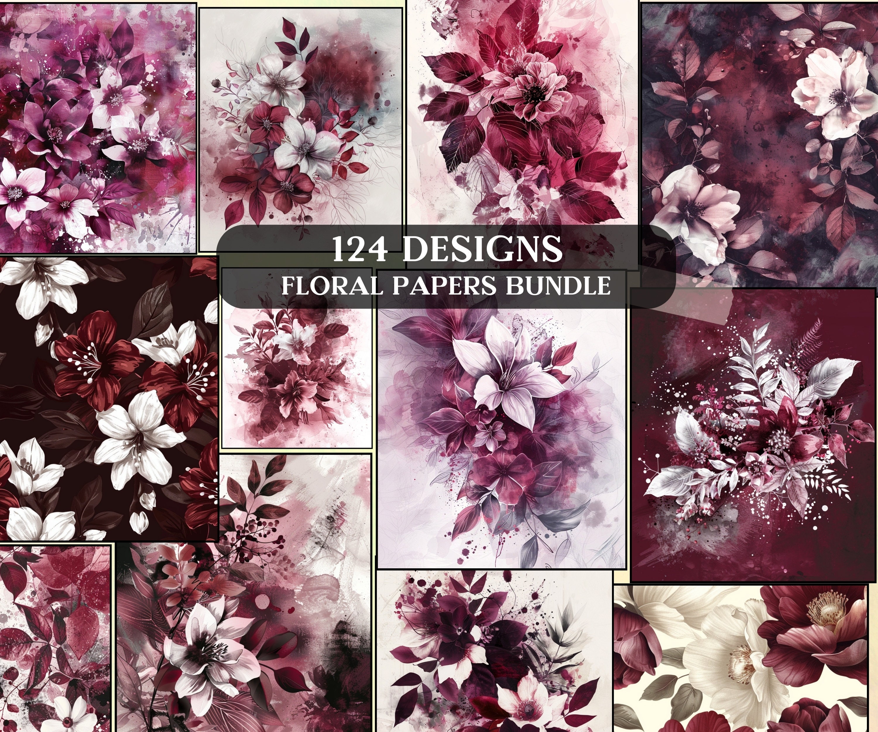 Big Bundle Burgundy Floral Digital Paper, Abstract Burgundy Watercolor ...
