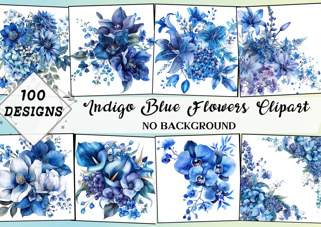 Indigo Blue Flowers PNG, Watercolor Blue Floral Clipart Bundle, Wedding ...