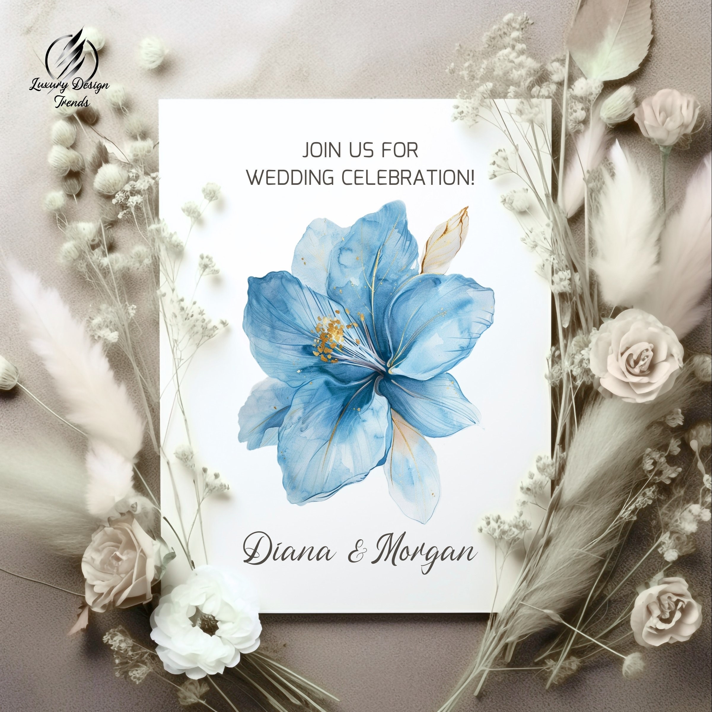 70 Abstract Flowers Clipart, Blue & Gold Floral Printable Watercolor ...