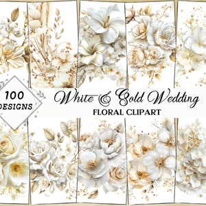White and Gold Floral Clipart - Floral Watercolor Clipart - Wedding PNG ...