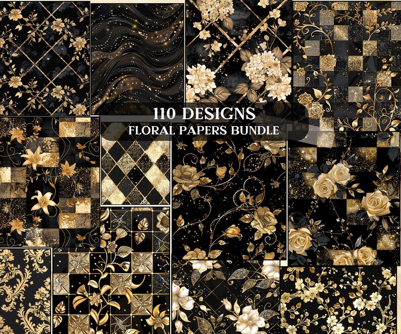 Black & Gold Digital Paper Bundle | Classic, Abstract Floral, Damask ...