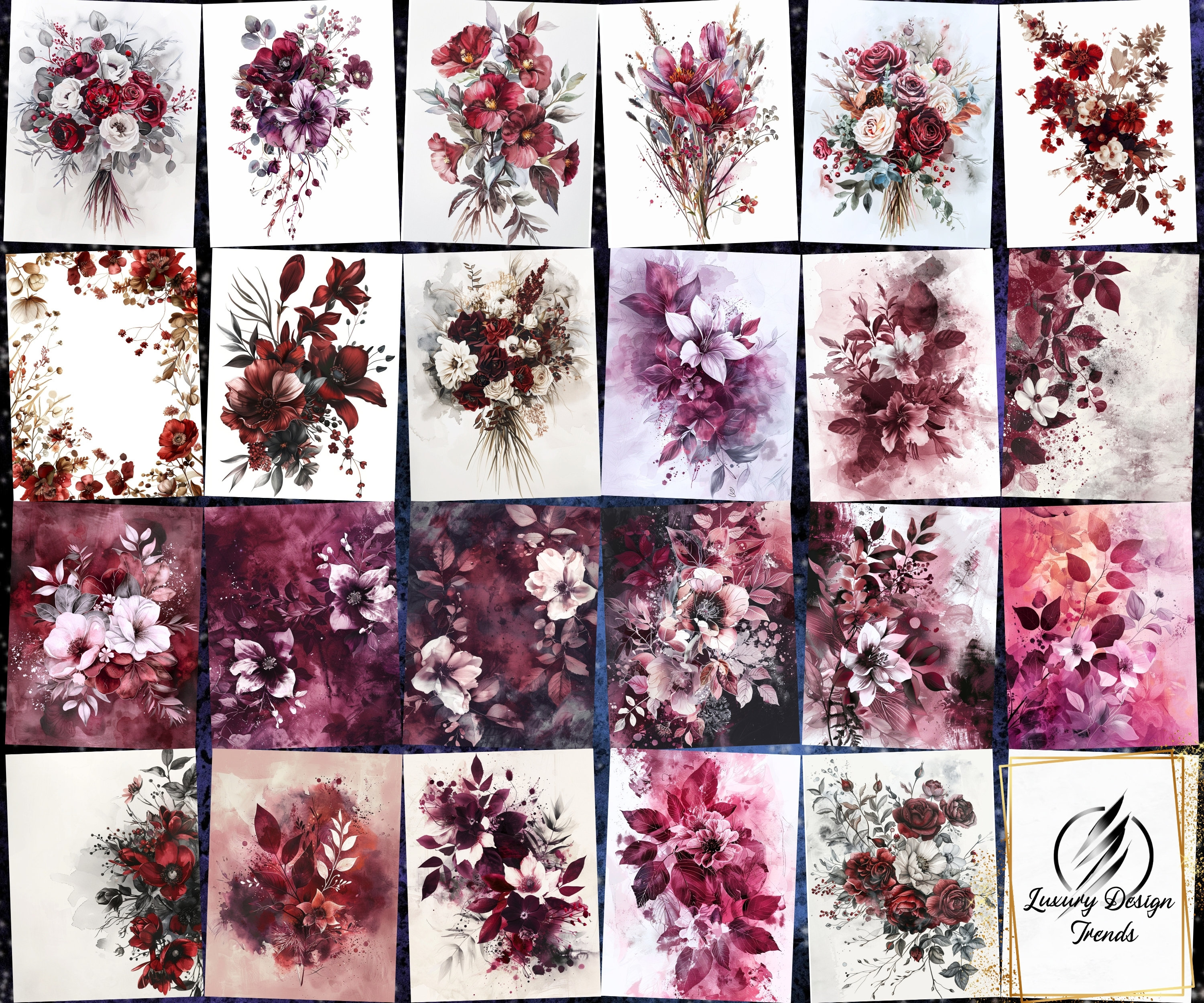 Big Bundle Burgundy Floral Digital Paper, Abstract Burgundy Watercolor ...