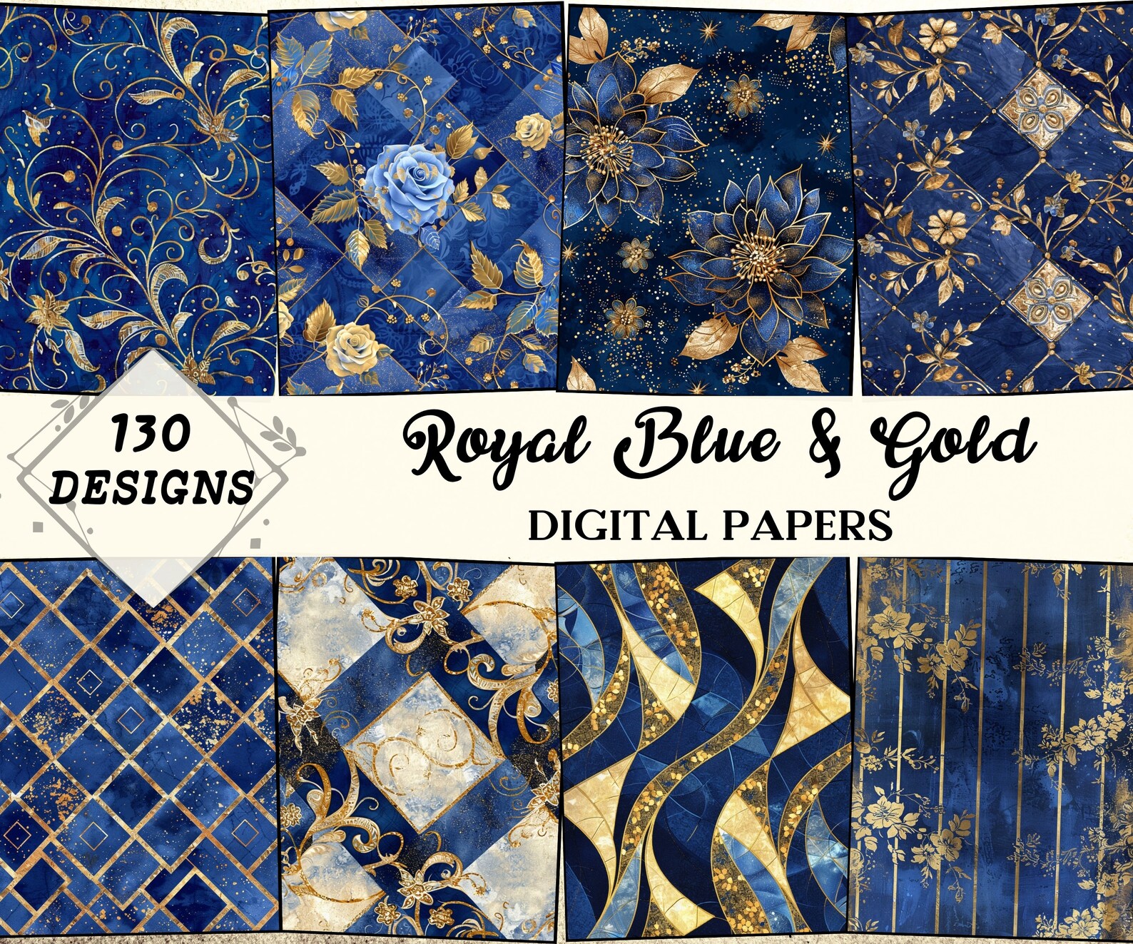 Printable Royal Blue & Gold Paper Bundle, Abstract, Asymmetric, Damask ...