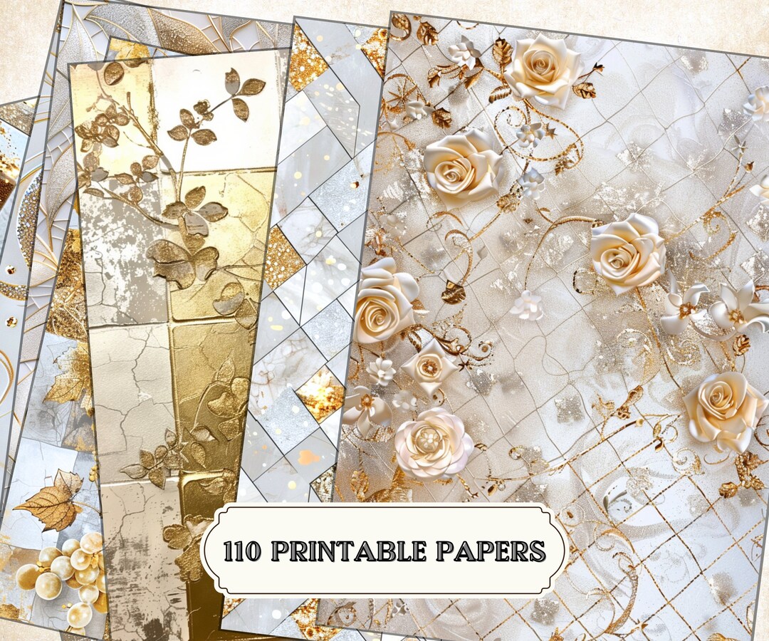 Silver White & Gold Digital Paper Bundle | Abstract Floral Damask ...