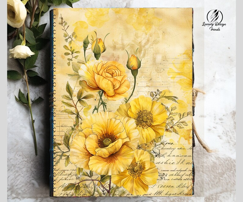 Shabby Roses Scrappy Papers Bundle - Vintage Yellow Floral Junk Journal ...