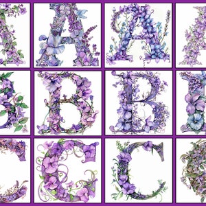 104 PNG, Watercolor Floral Alphabet Collection Clipart, Purple Alphabet ...