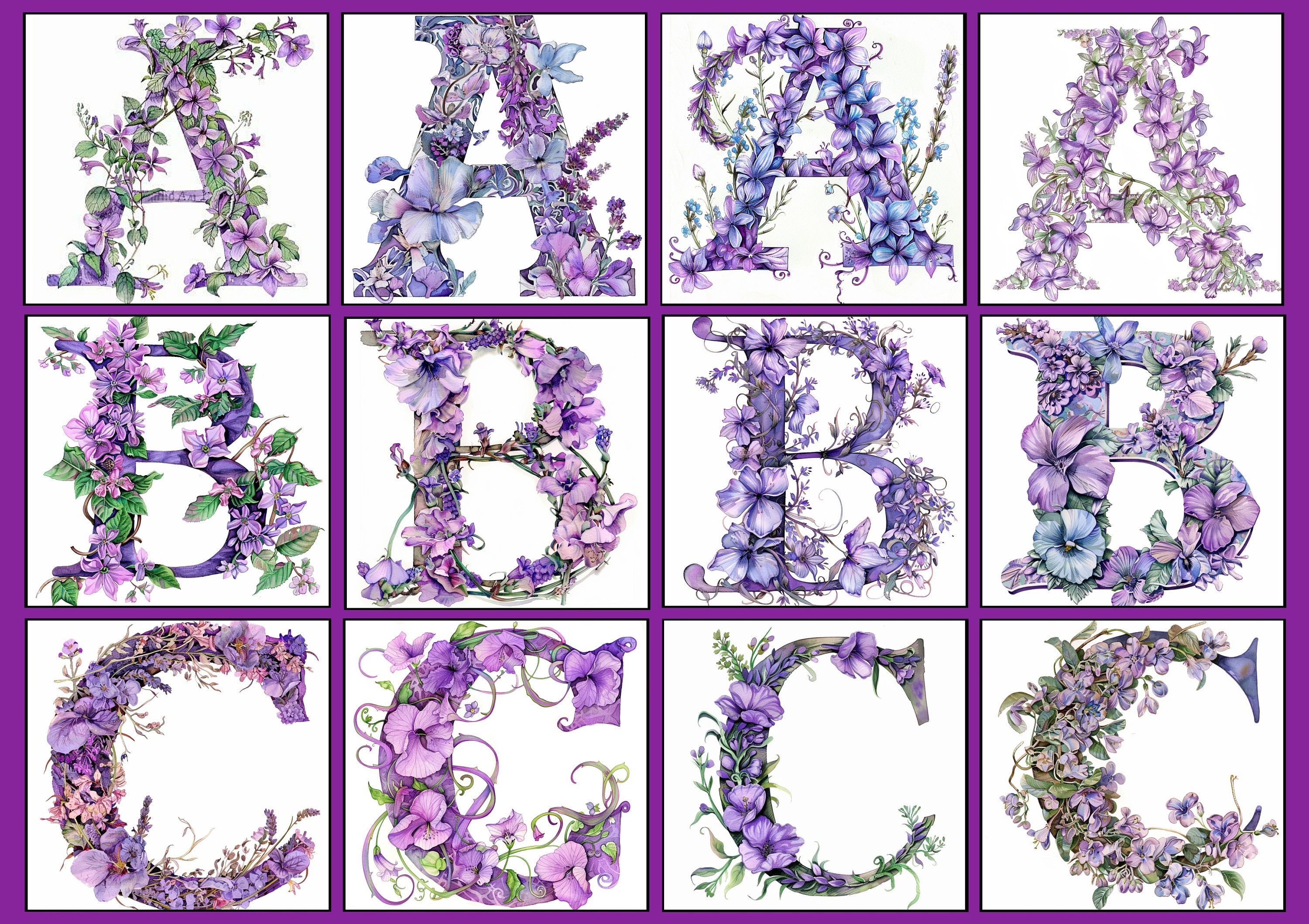 104 PNG, Watercolor Floral Alphabet Collection Clipart, Purple Alphabet ...