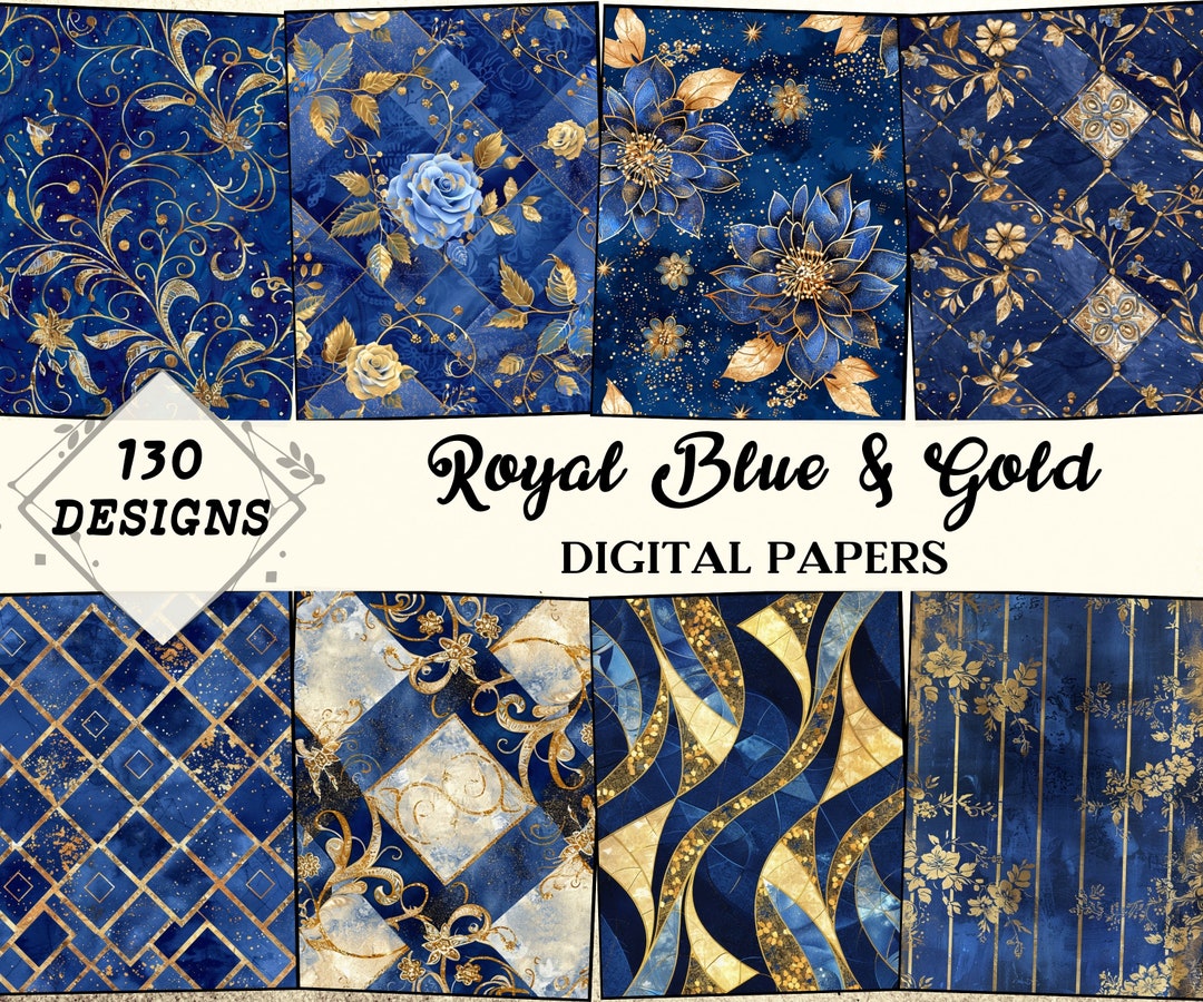 Printable Royal Blue & Gold Paper Bundle, Abstract, Asymmetric, Damask ...