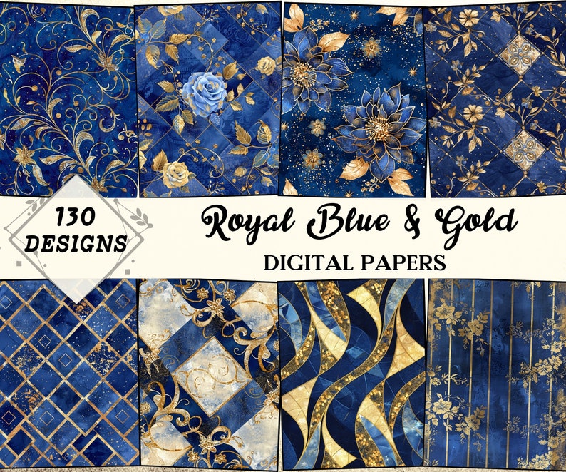 Printable Royal Blue & Gold Paper Bundle, Abstract, Asymmetric, Damask ...