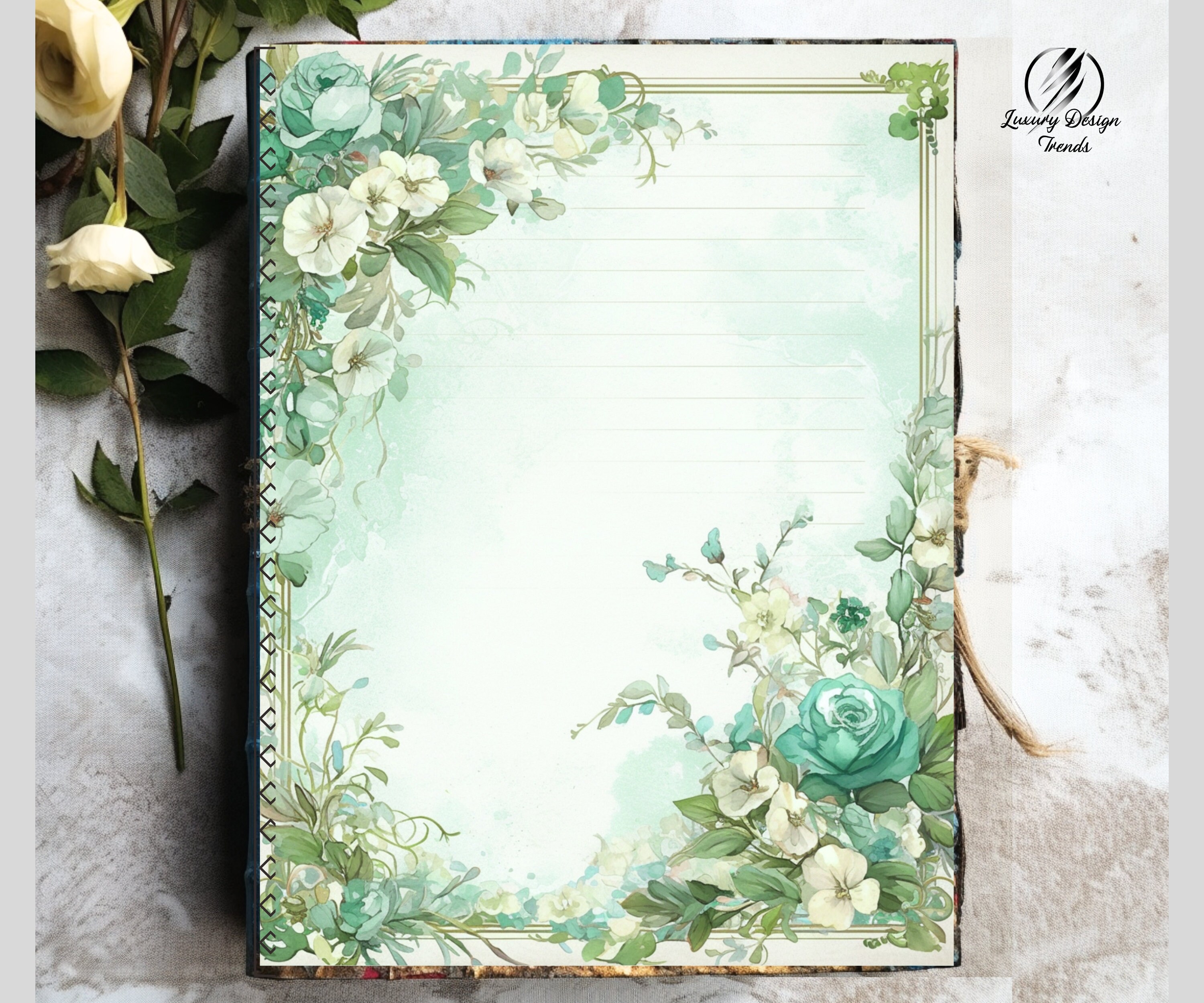 Blank Lined Journal Pages Bundle - Printable Shabby Green Roses ...