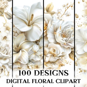 White and Gold Floral Clipart - Floral Watercolor Clipart - Wedding PNG ...