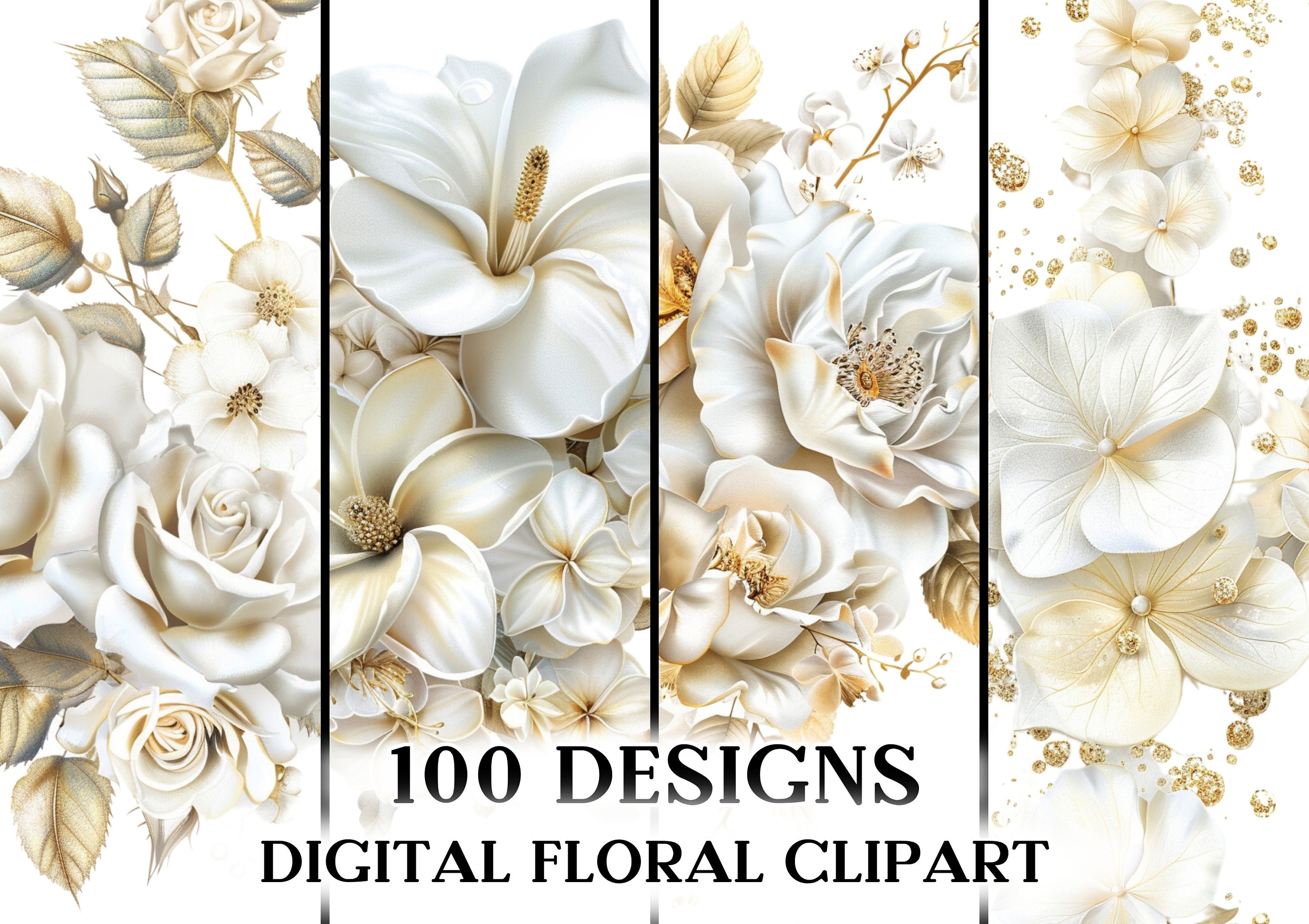 White and Gold Floral Clipart Floral Watercolor Clipart Wedding PNG ...