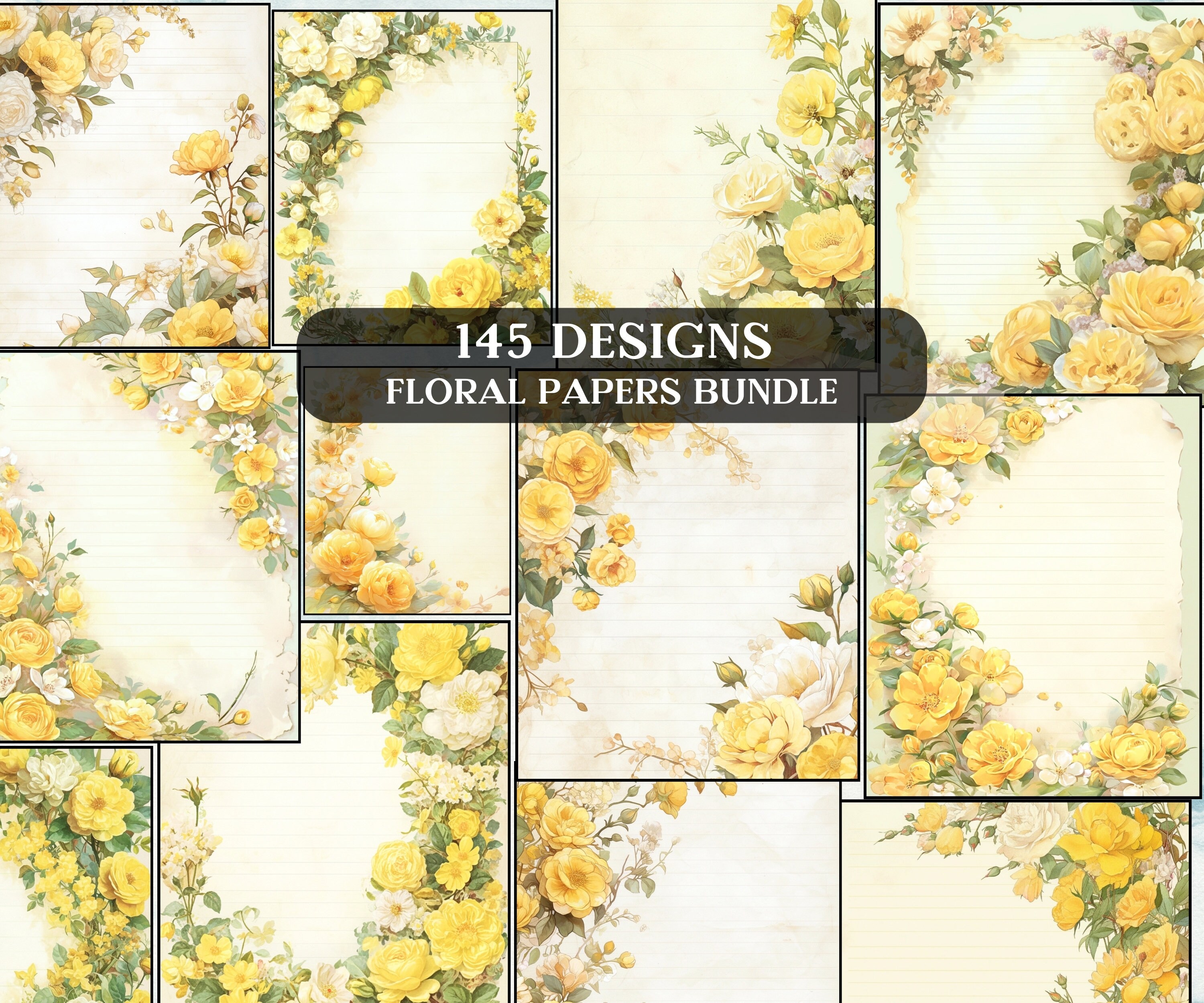 Blank Lined Journal Pages Bundle - Yellow Floral Writing Papers ...