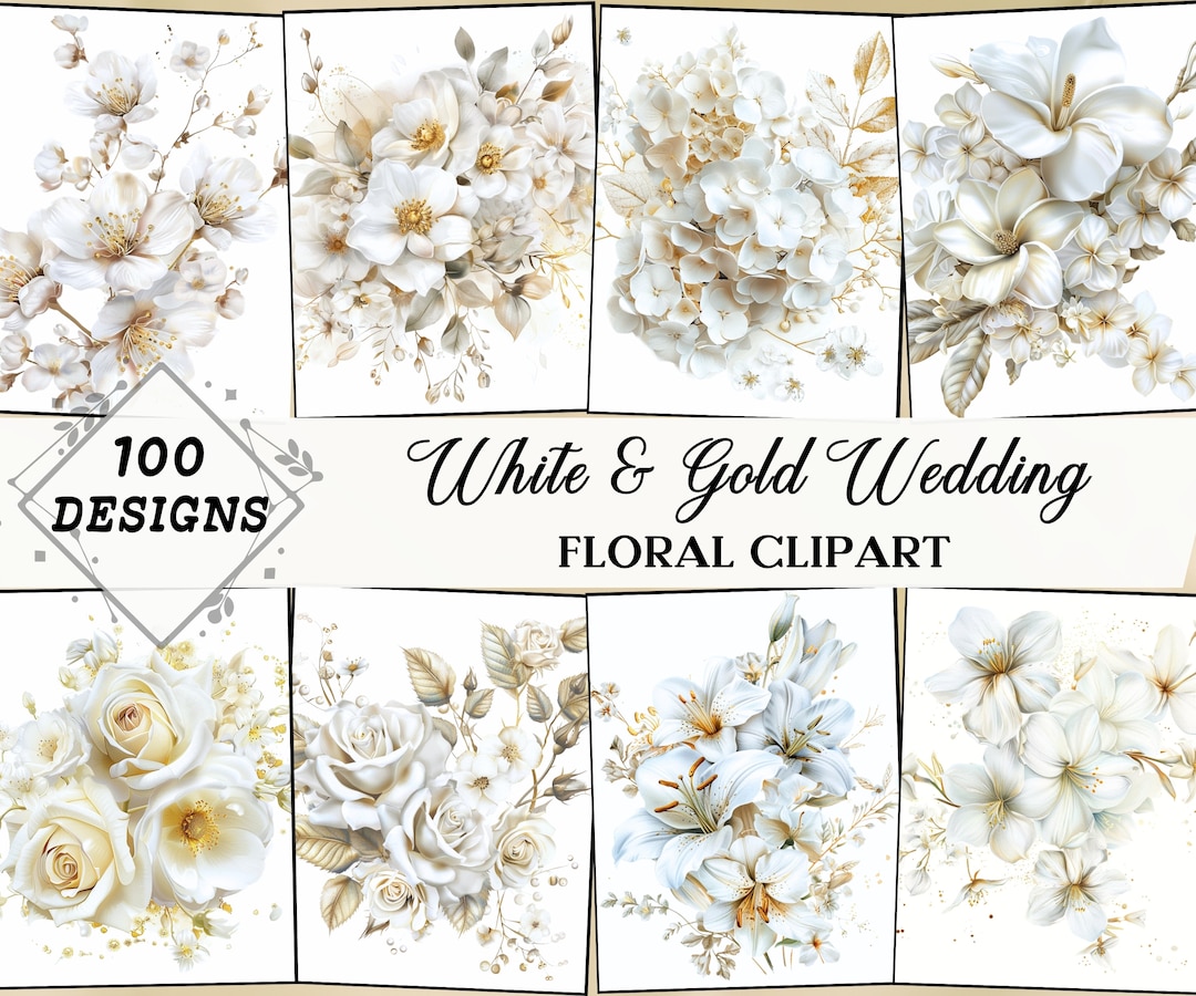 White and Gold Floral Clipart - Floral Watercolor Clipart - Wedding PNG ...