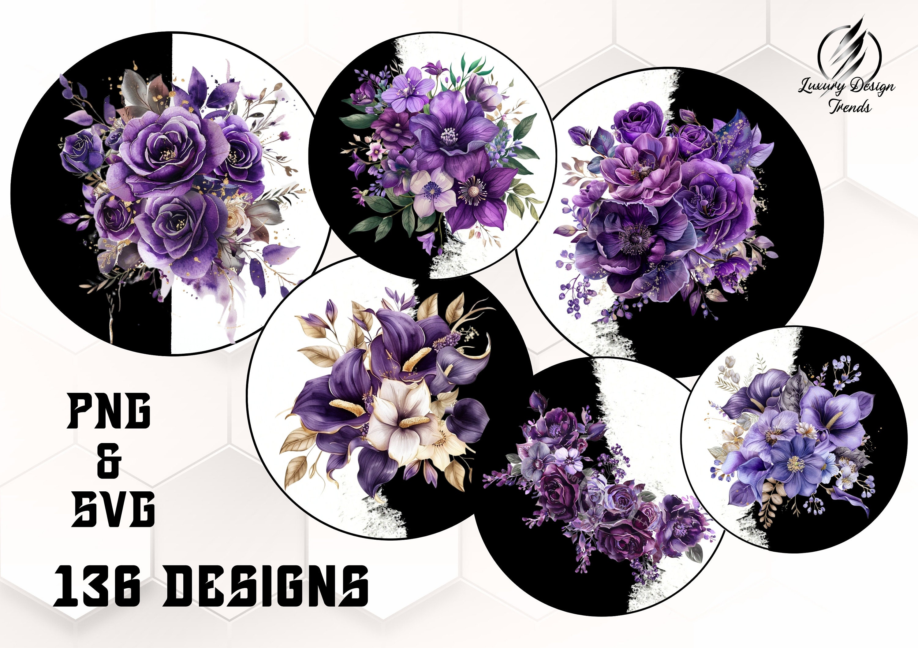 Violet & Gold Floral Clipart - Floral Watercolor Clipart - Purple ...