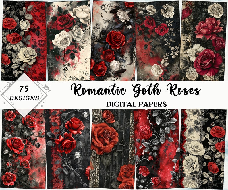 Romantic Goth Roses Digital Paper Bundle, Gothic Digital Pattern ...