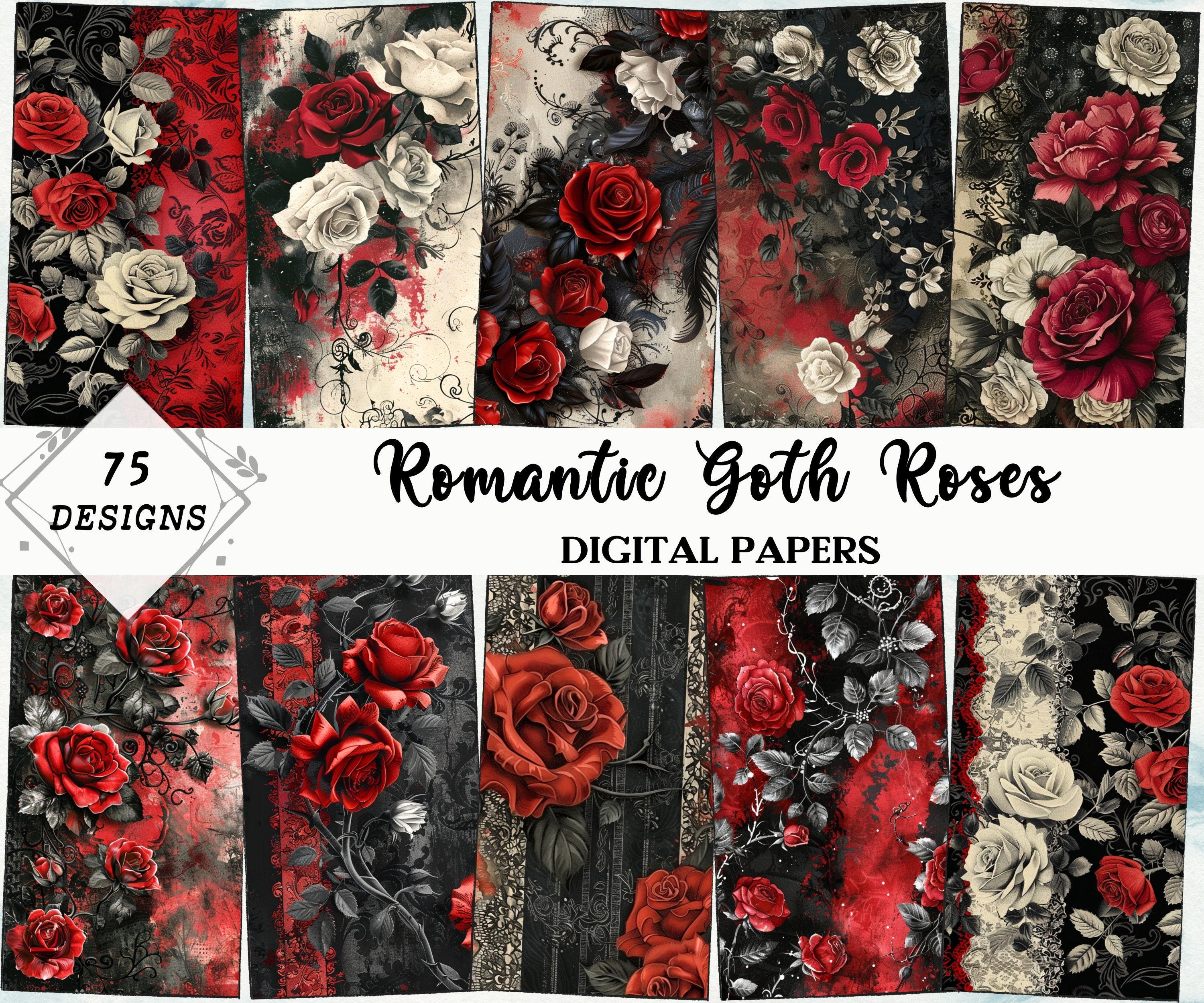 Romantic Goth Roses Digital Paper Bundle, Gothic Digital Pattern ...