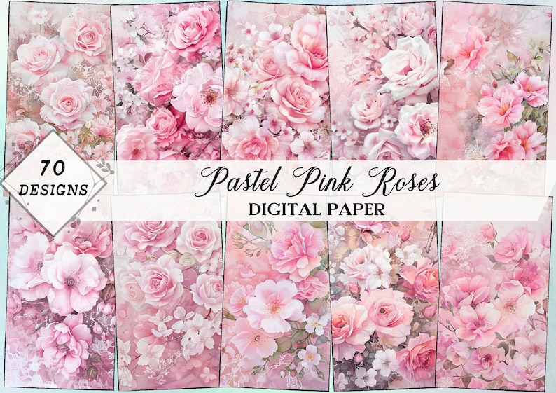 Pastel Pink Floral Digital Paper - Blush Rose Watercolor Scrapbook ...