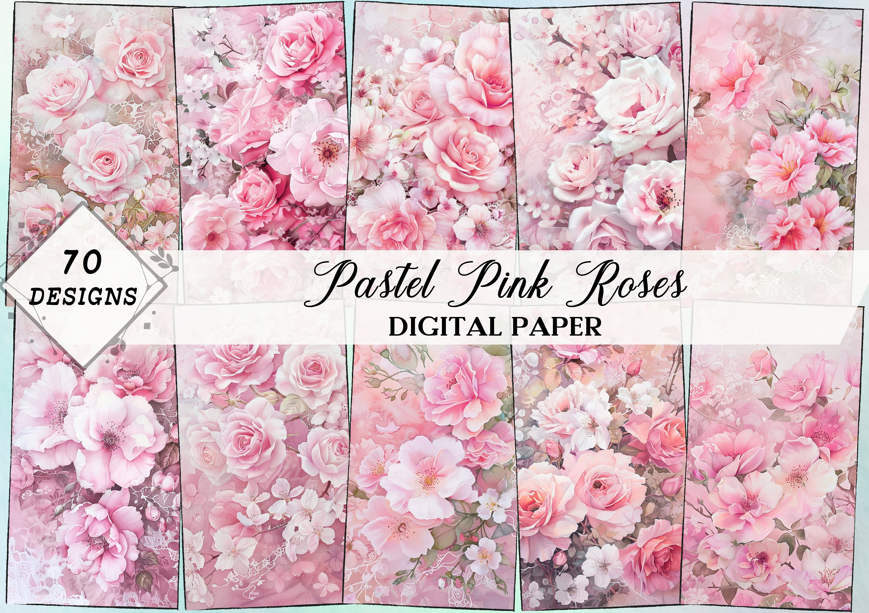 Pastel Pink Floral Digital Paper - Blush Rose Watercolor Scrapbook ...