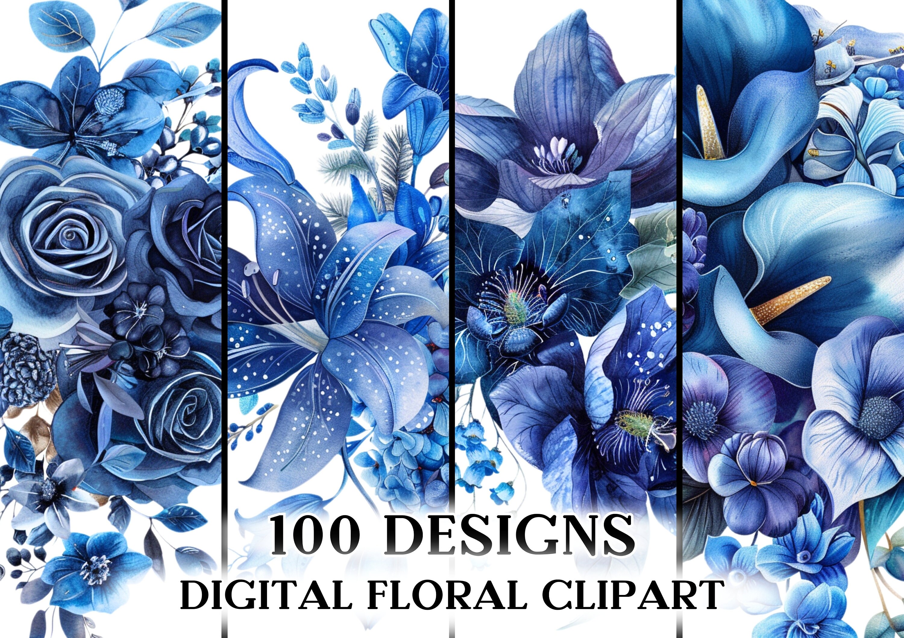 Indigo Blue Flowers PNG, Watercolor Blue Floral Clipart Bundle, Wedding ...