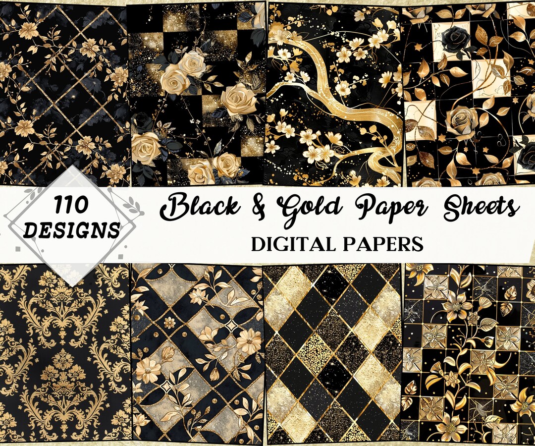 Black & Gold Digital Paper Bundle | Classic, Abstract Floral, Damask ...