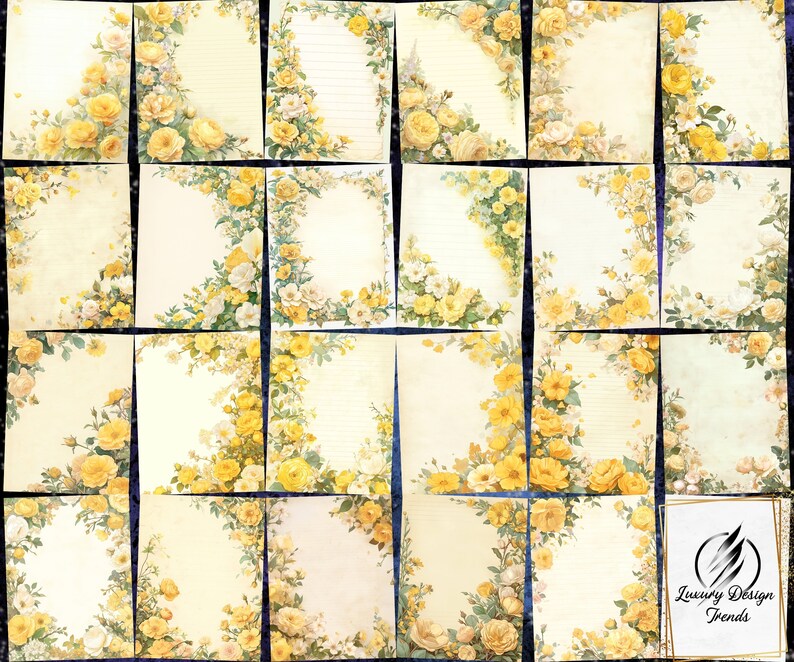 Blank Lined Journal Pages Bundle - Yellow Floral Writing Papers ...