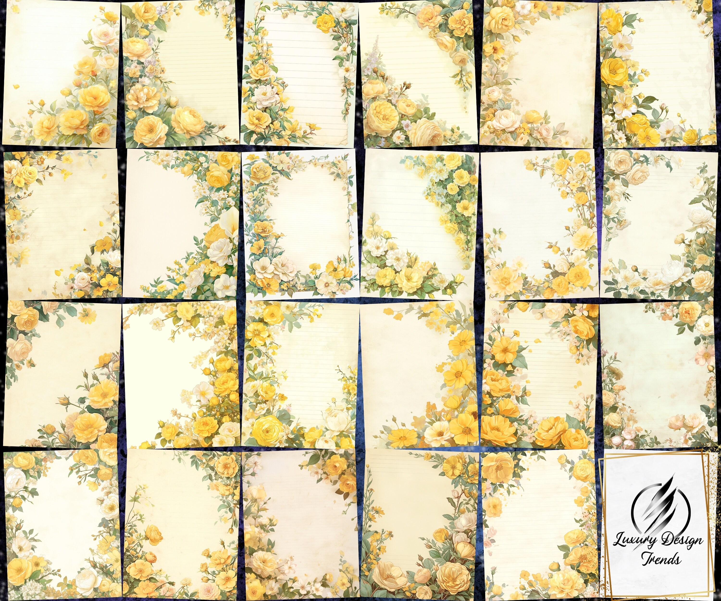 Blank Lined Journal Pages Bundle - Yellow Floral Writing Papers ...
