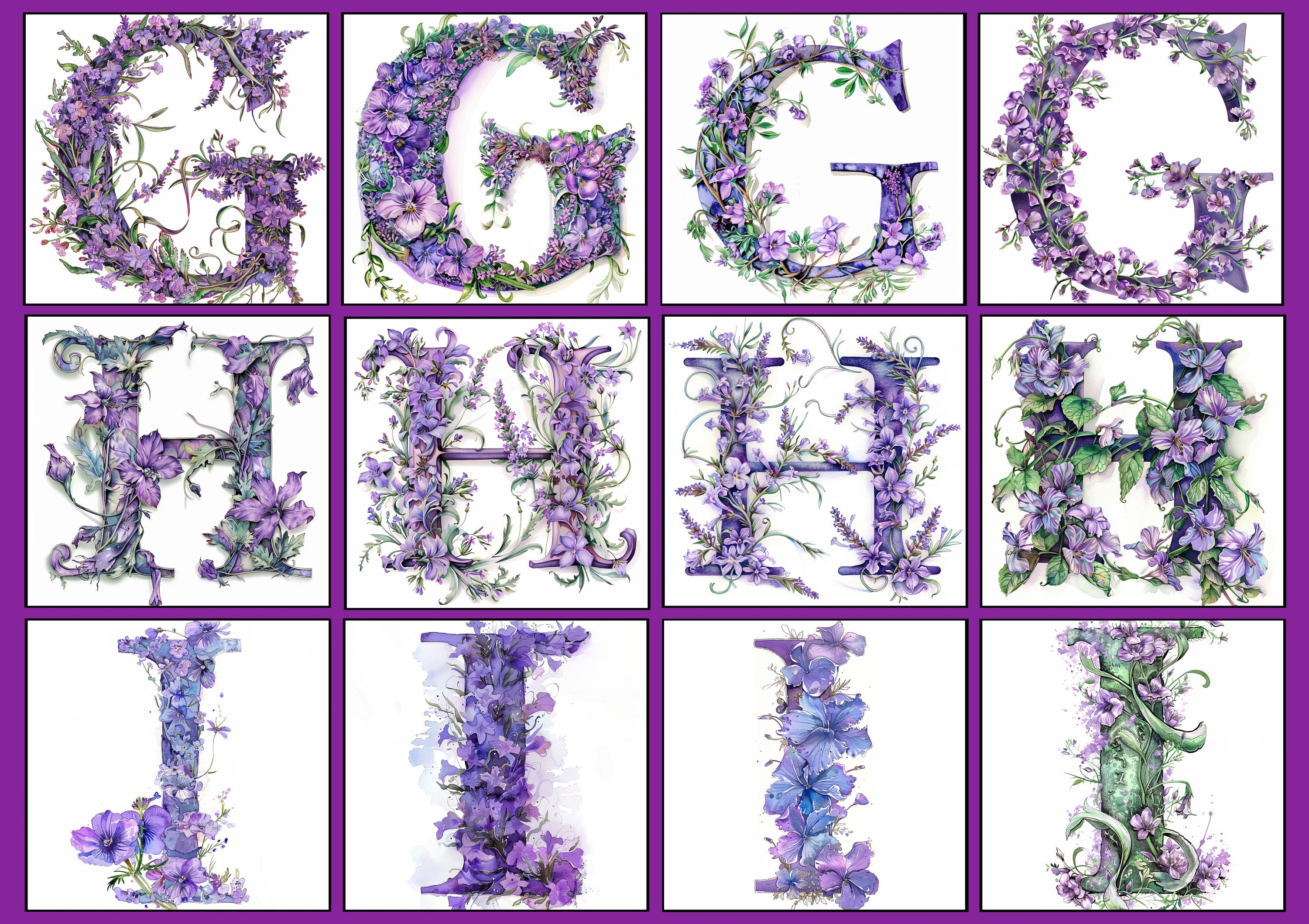 104 PNG, Watercolor Floral Alphabet Collection Clipart, Purple Alphabet ...