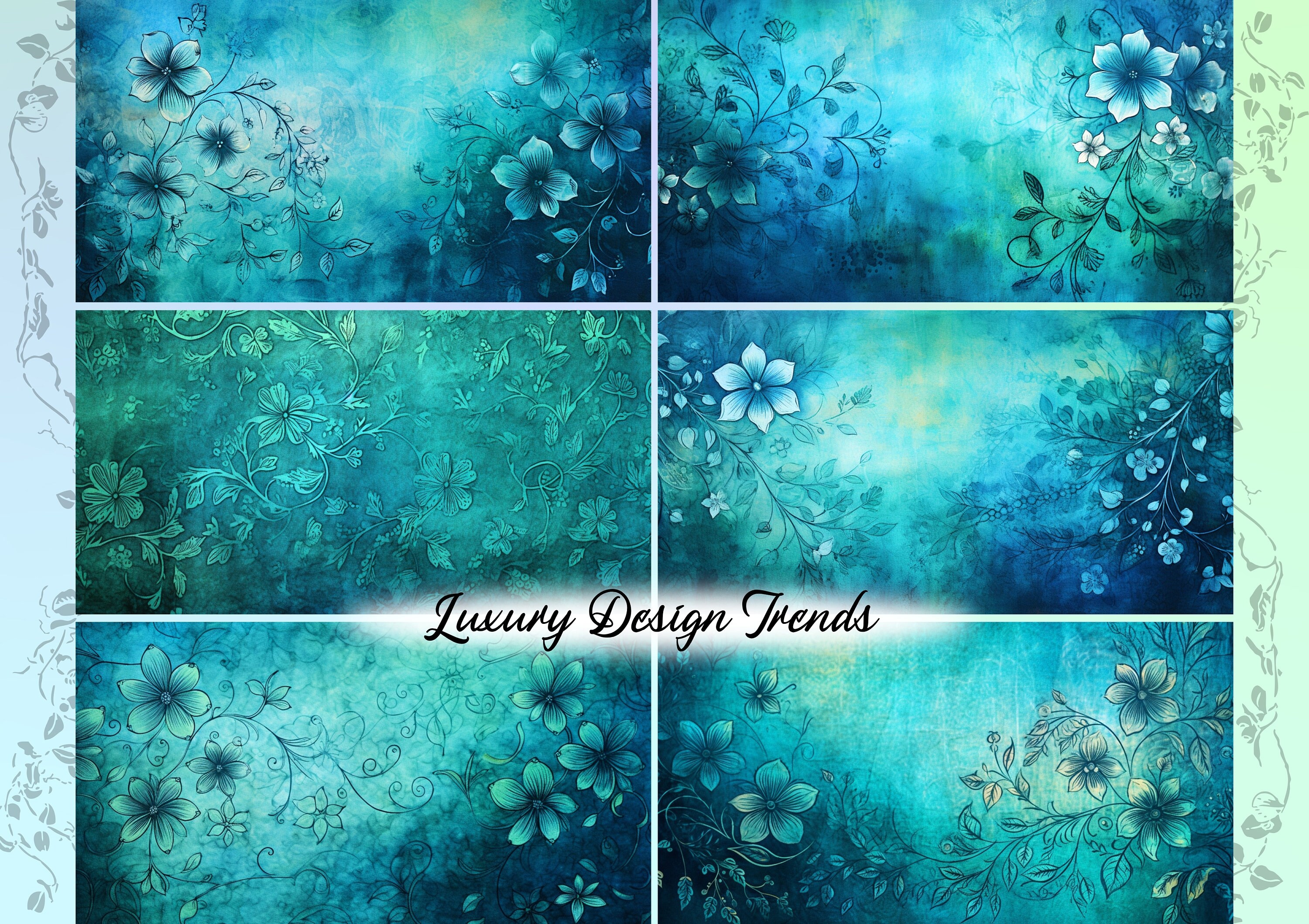 Blue Green Floral Artwork Crafting Papers, Digital Printable Junk ...