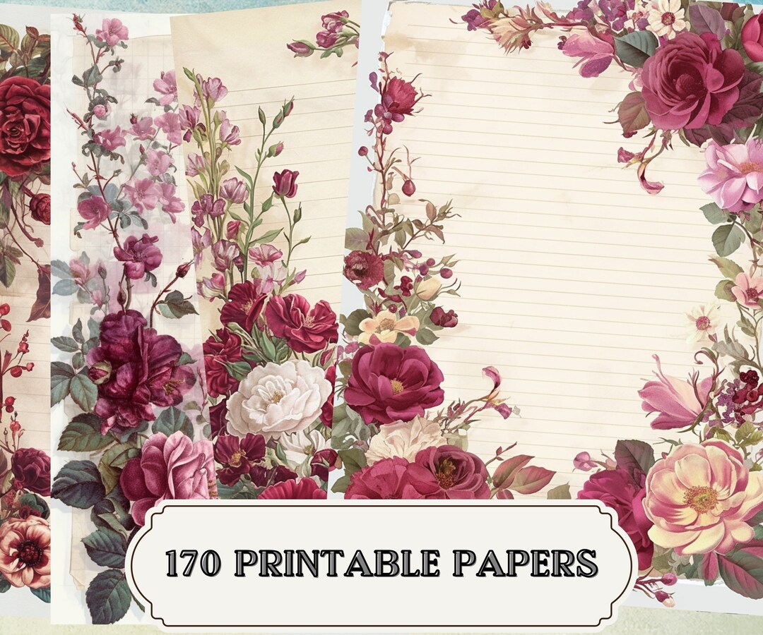 Blank Lined Journal Pages Bundle - Burgundy Floral Writing Papers ...