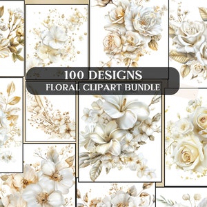 White and Gold Floral Clipart - Floral Watercolor Clipart - Wedding PNG ...