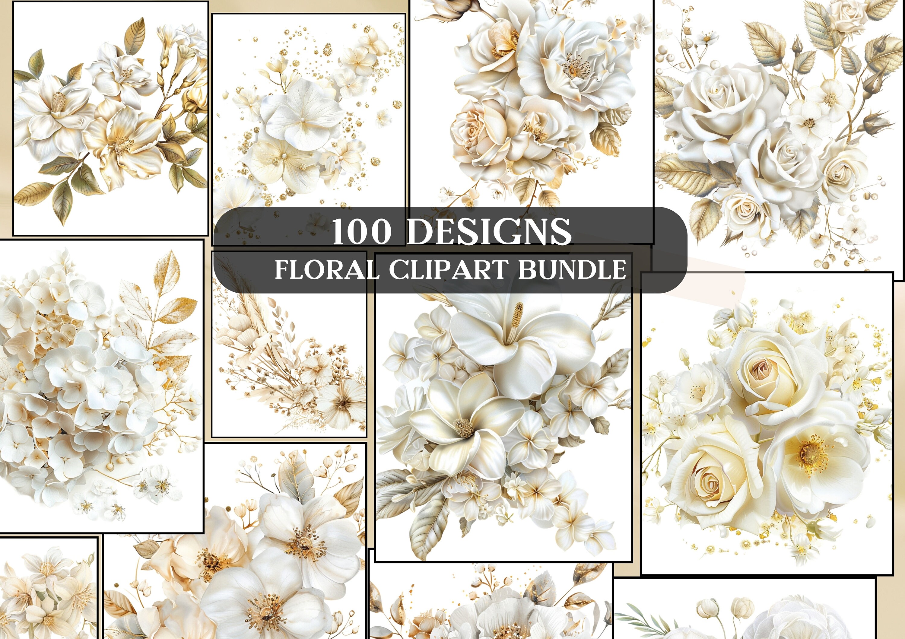White and Gold Floral Clipart Floral Watercolor Clipart Wedding PNG ...