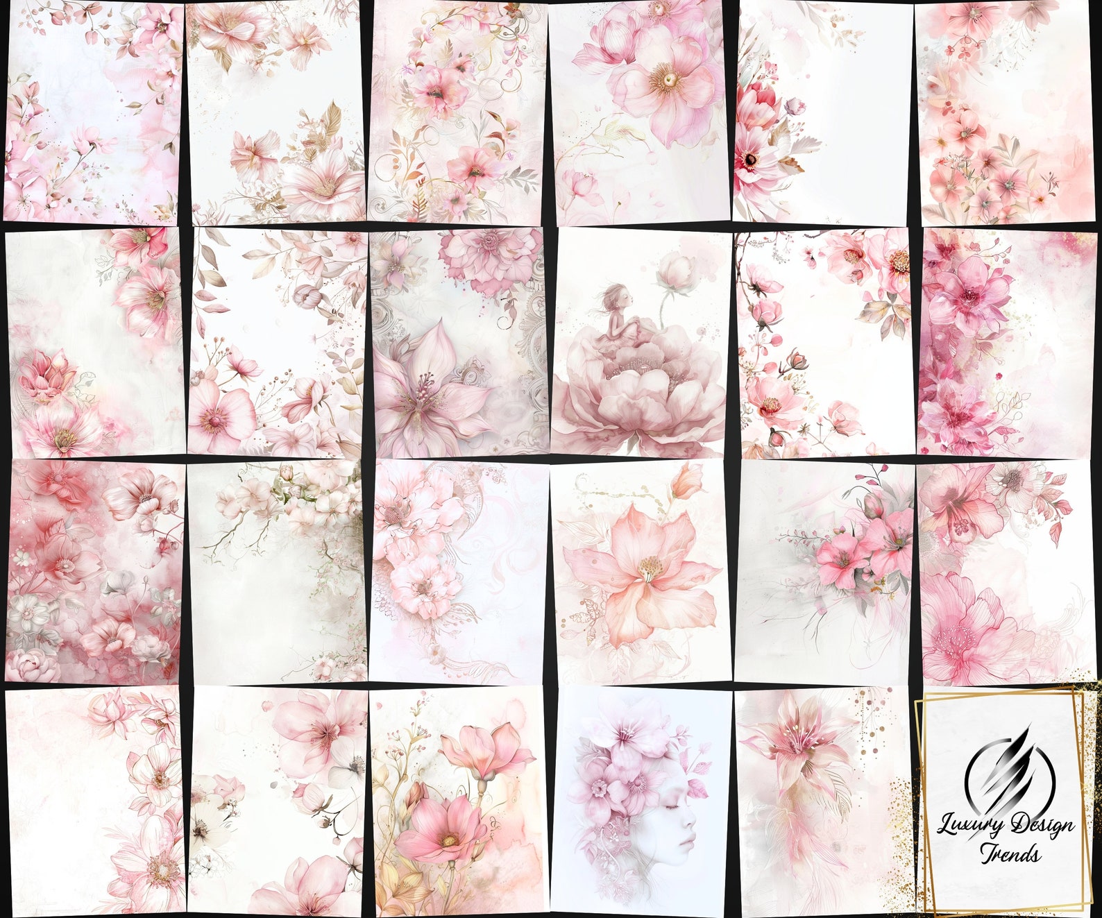 Boho Pink Floral Paper Bundle Pretty Watercolor Scrapbook Digital Pages ...