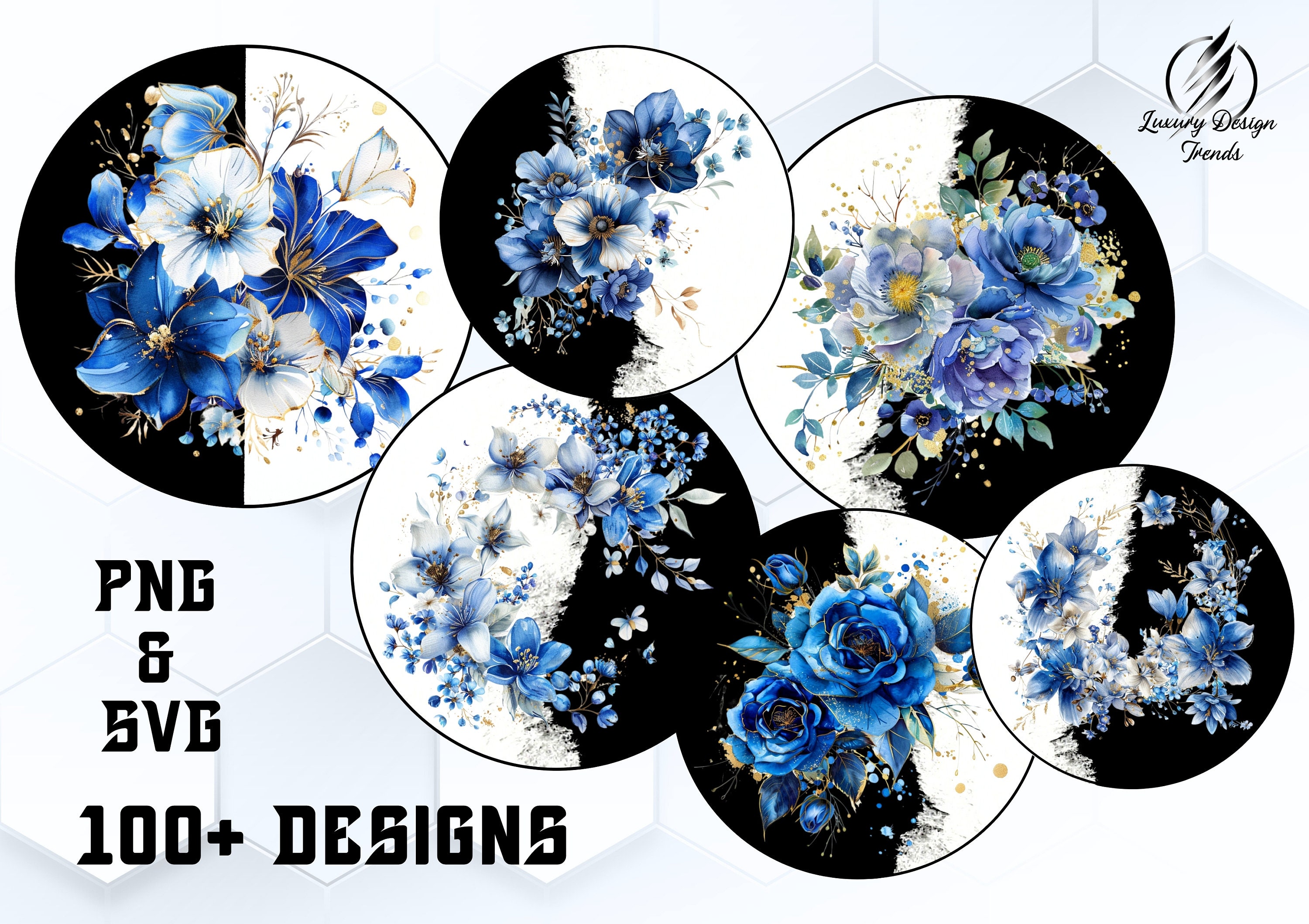 Royal Blue and Gold Floral Clipart Shabby Wedding Rustic Navy Blue ...