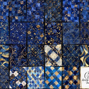 Printable Royal Blue & Gold Paper Bundle, Abstract, Asymmetric, Damask ...