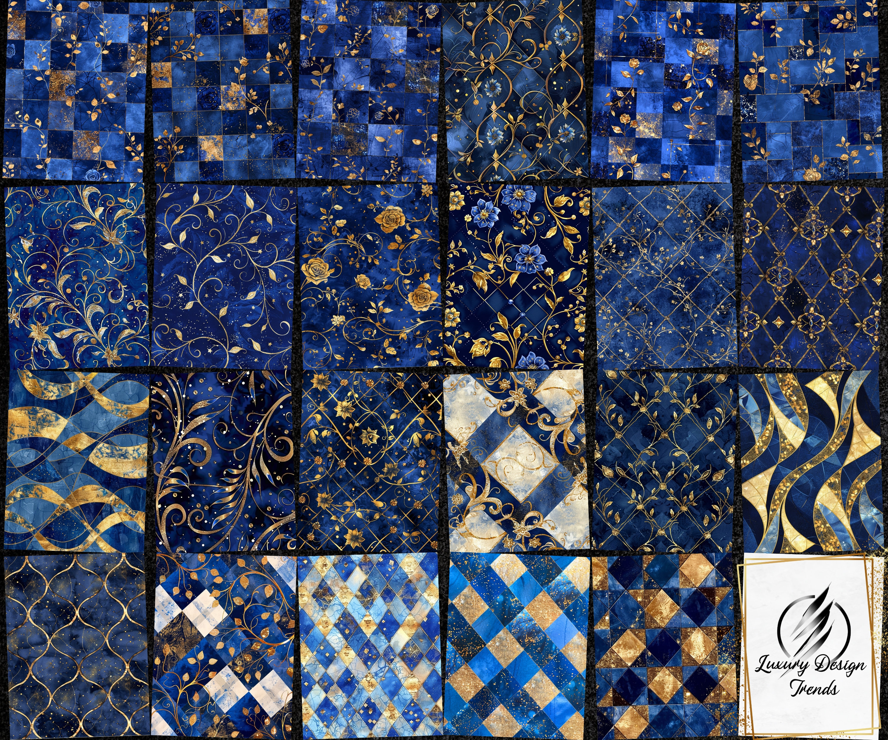 Printable Royal Blue & Gold Paper Bundle, Abstract, Asymmetric, Damask ...