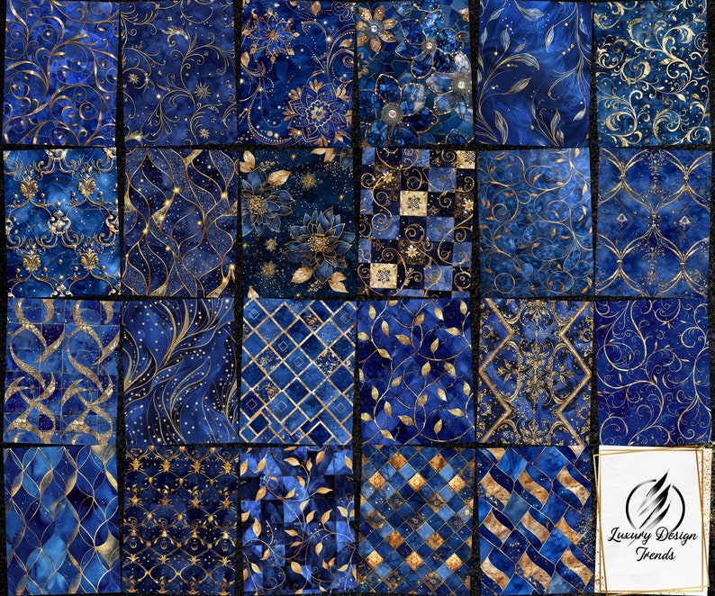Printable Royal Blue & Gold Paper Bundle, Abstract, Asymmetric, Damask ...