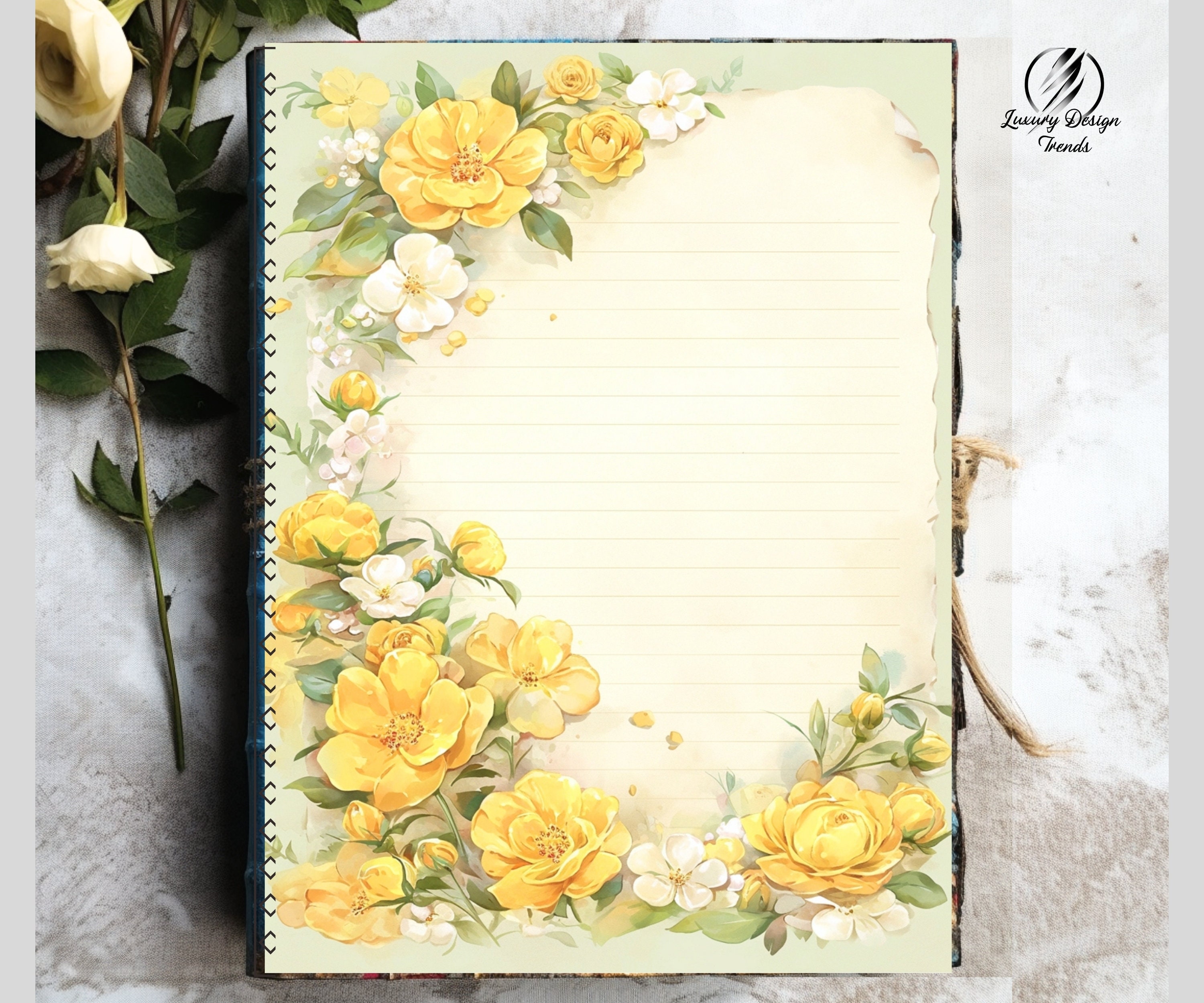 Blank Lined Journal Pages Bundle - Yellow Floral Writing Papers ...