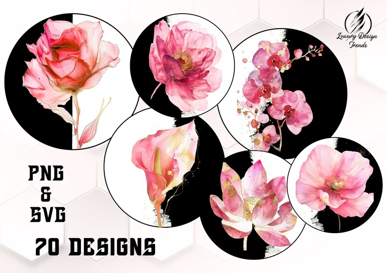 70 Abstract Flowers Clipart, Pink Gold Floral Prints, Printable ...
