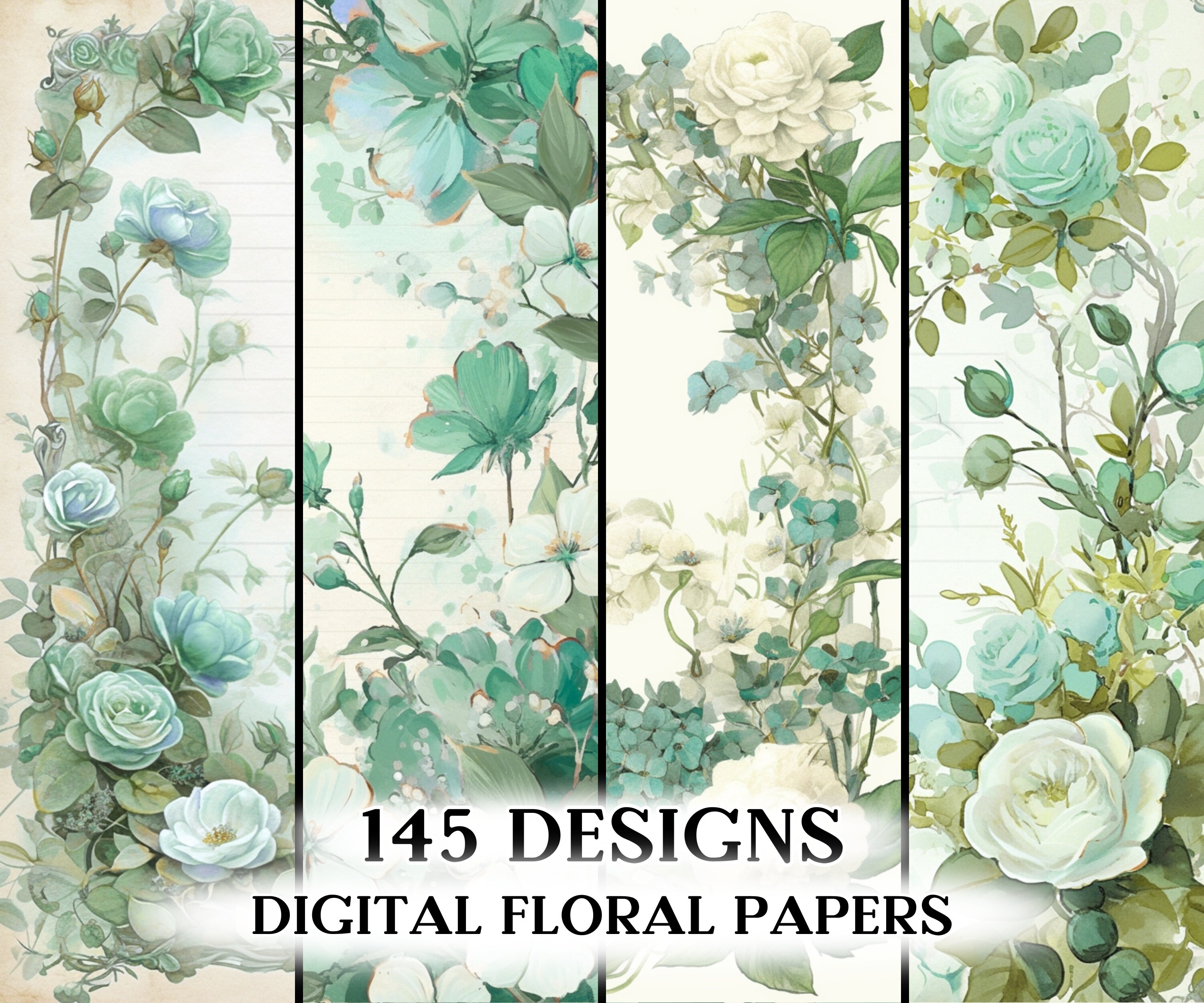 Blank Lined Journal Pages Bundle Printable Shabby Green Roses Beautiful ...