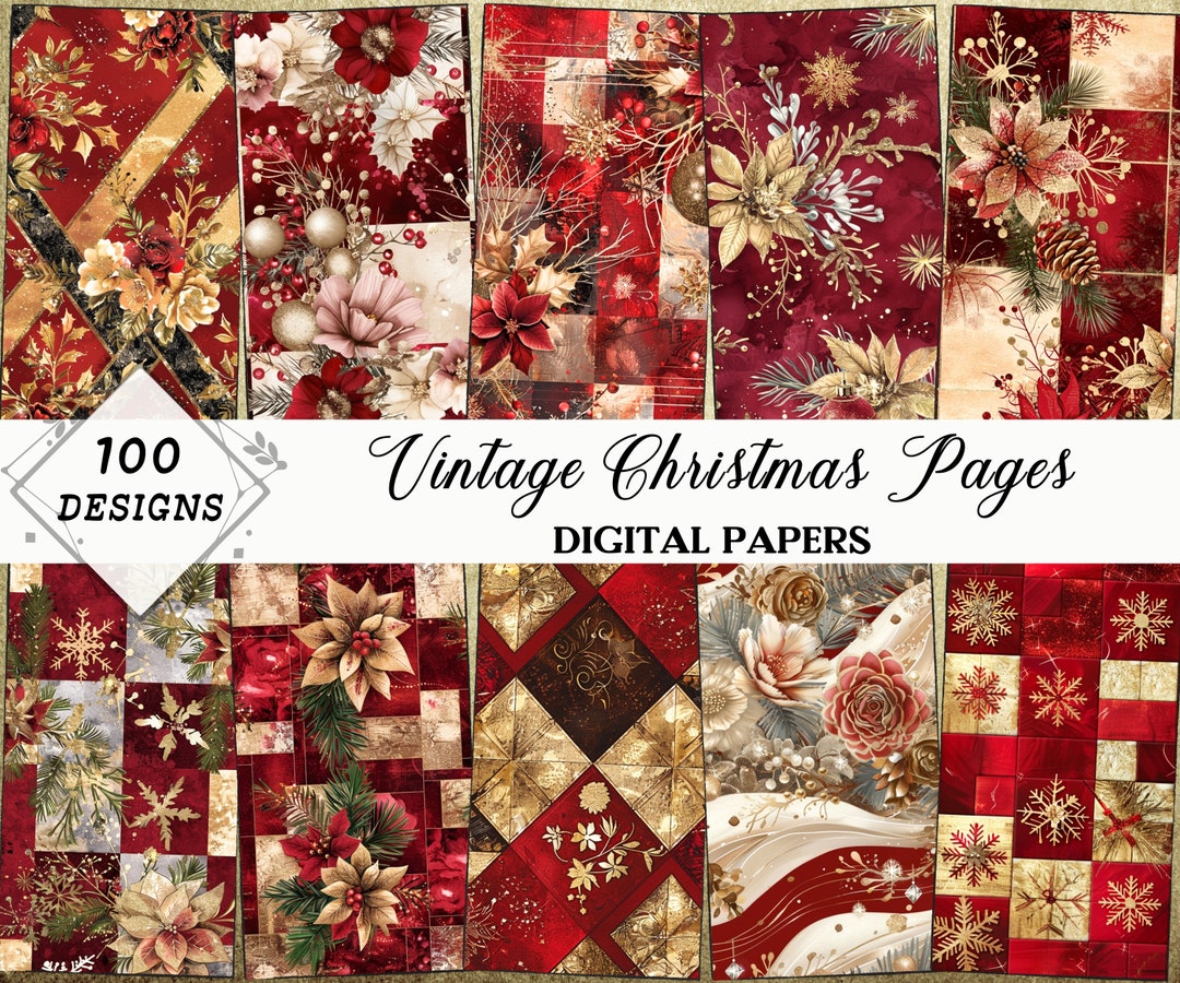 Vintage Happy Christmas Paper Bundle | Seamless Floral & Festive Red ...