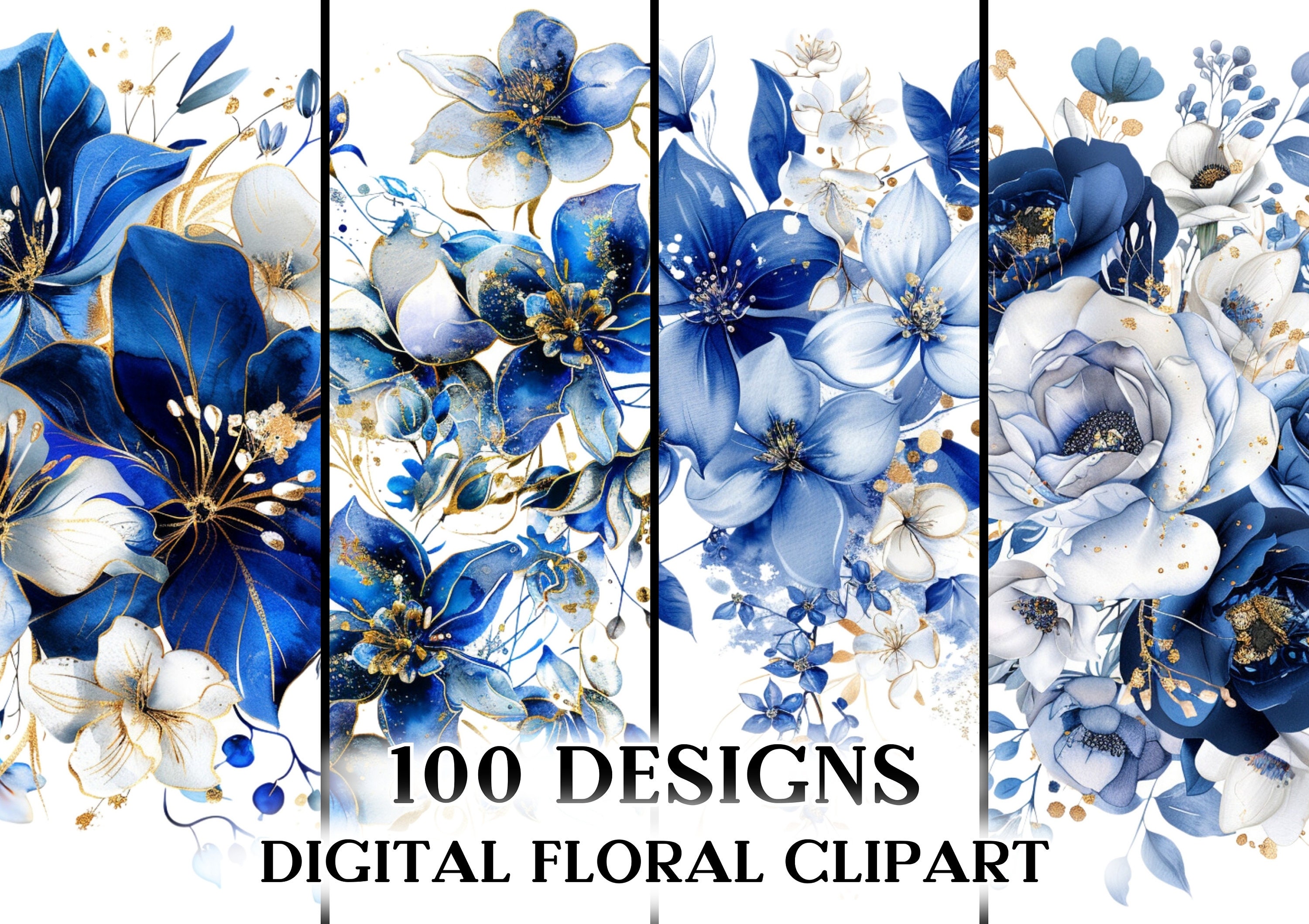 Royal Blue and Gold Floral Clipart Shabby Wedding Rustic Navy Blue ...