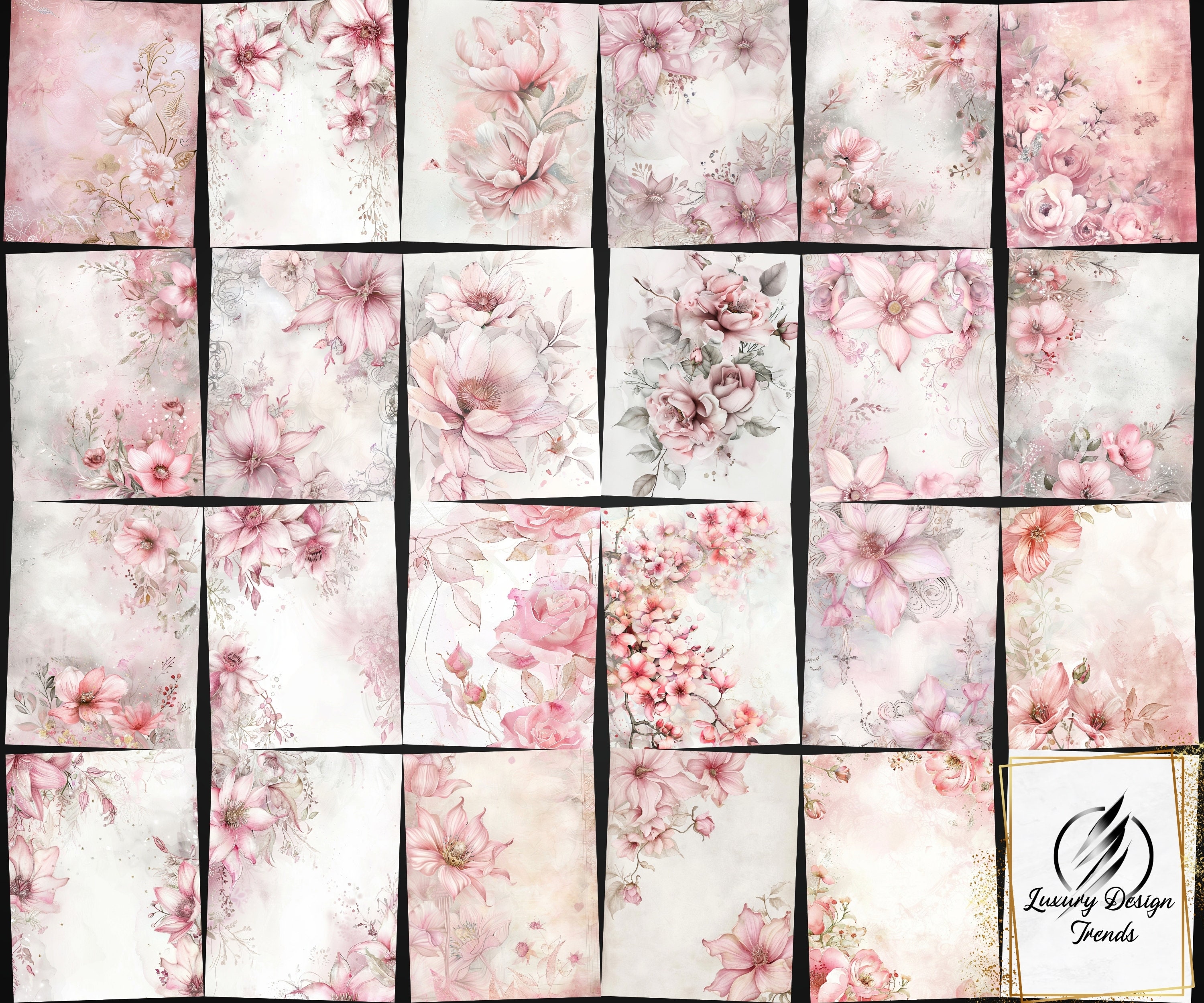 Boho Pink Floral Paper Bundle Pretty Watercolor Scrapbook Digital Pages ...