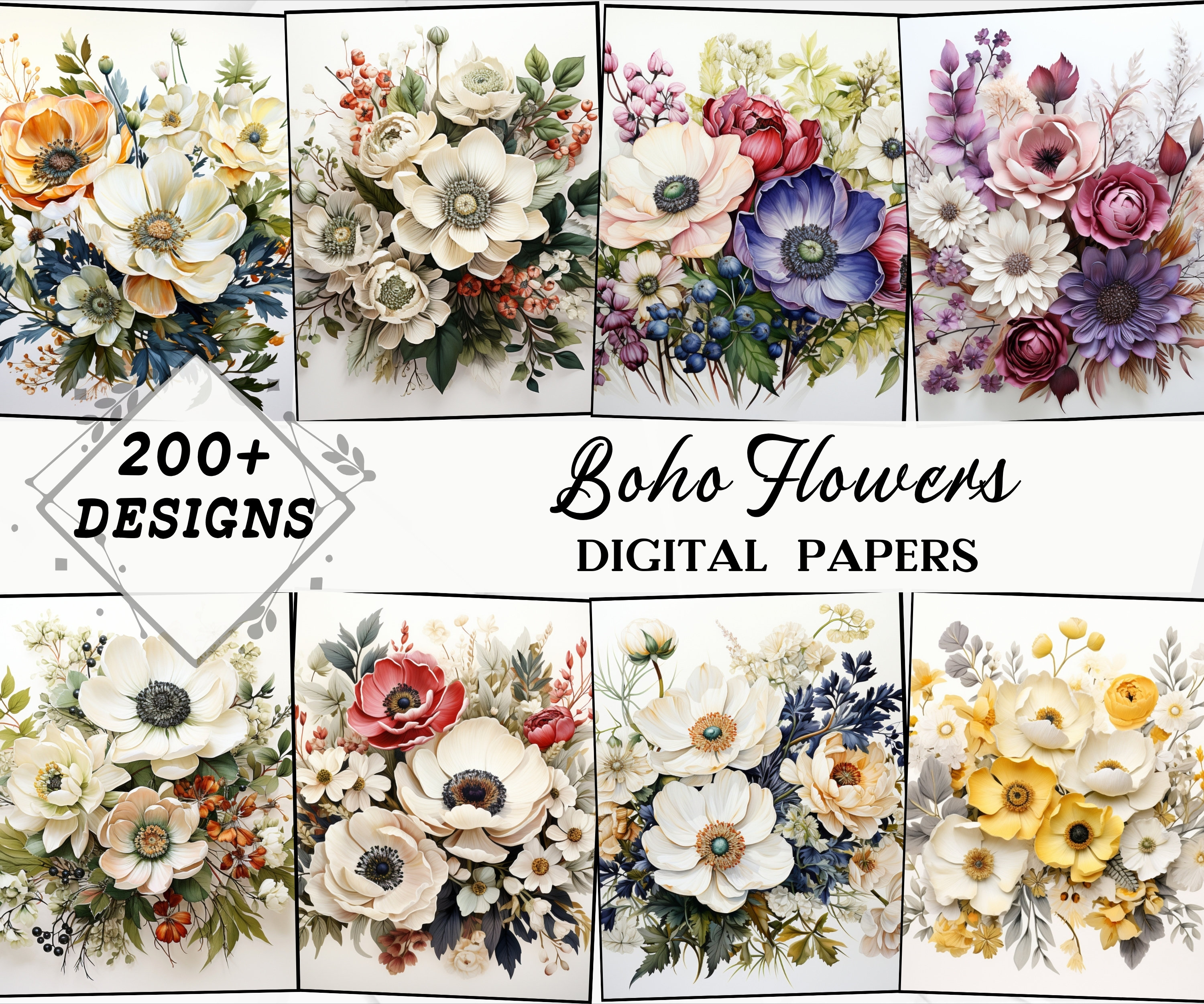 Boho Chic Floral Digital Paper Bundle, Vintage Bohemian Wedding ...