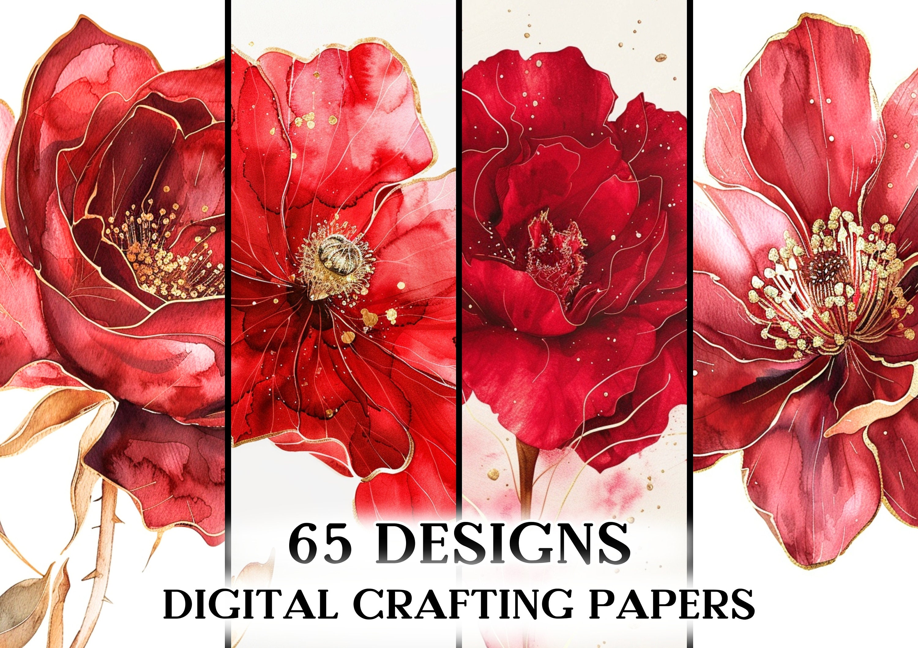65 Abstract Flowers Clipart, Red & Gold Floral Printable Watercolor ...