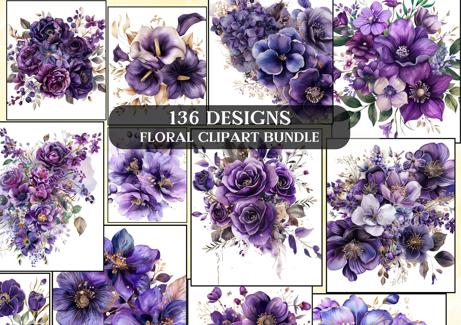 Violet & Gold Floral Clipart Floral Watercolor Clipart Purple Wedding ...