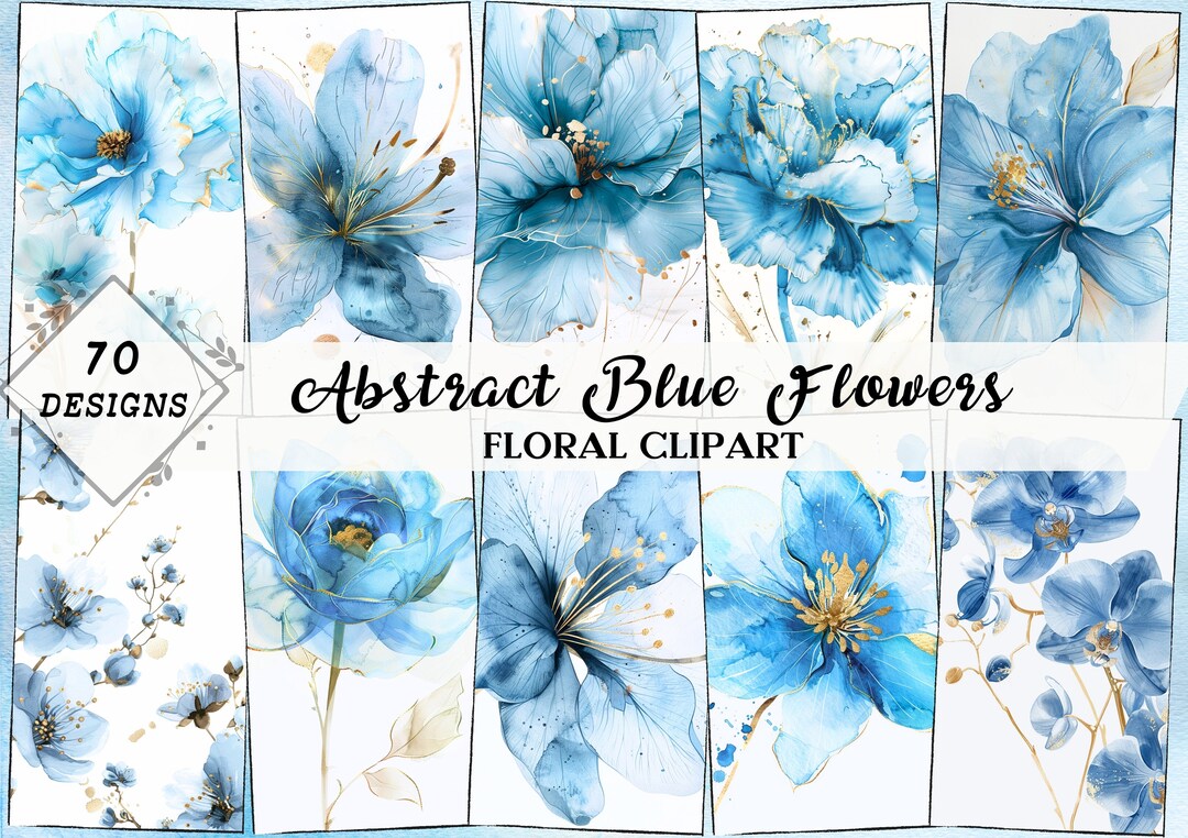 70 Abstract Flowers Clipart, Blue & Gold Floral Printable Watercolor ...
